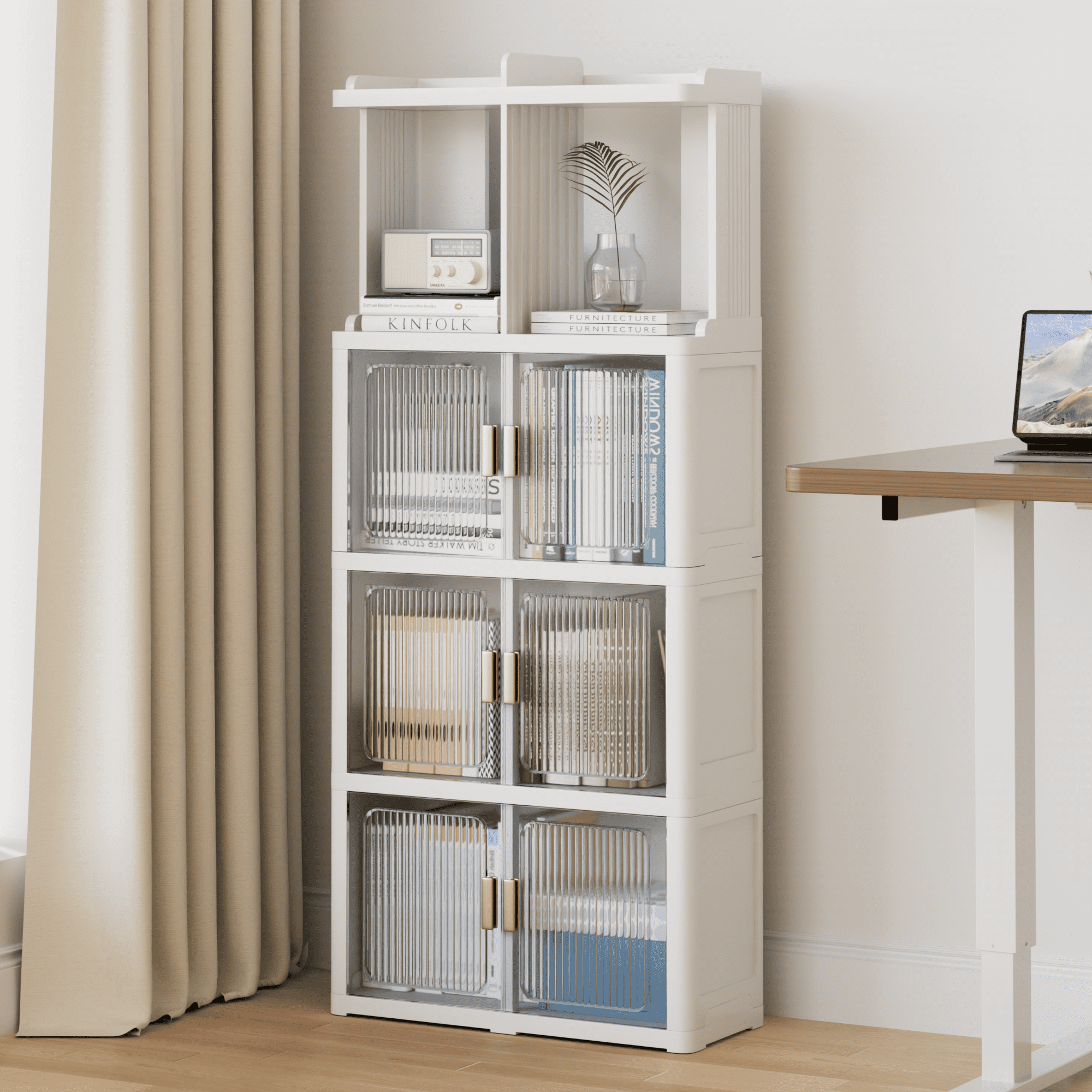 VECELO Plastic Bookcase with Magnetic Door, Corner Bookshelf with ...