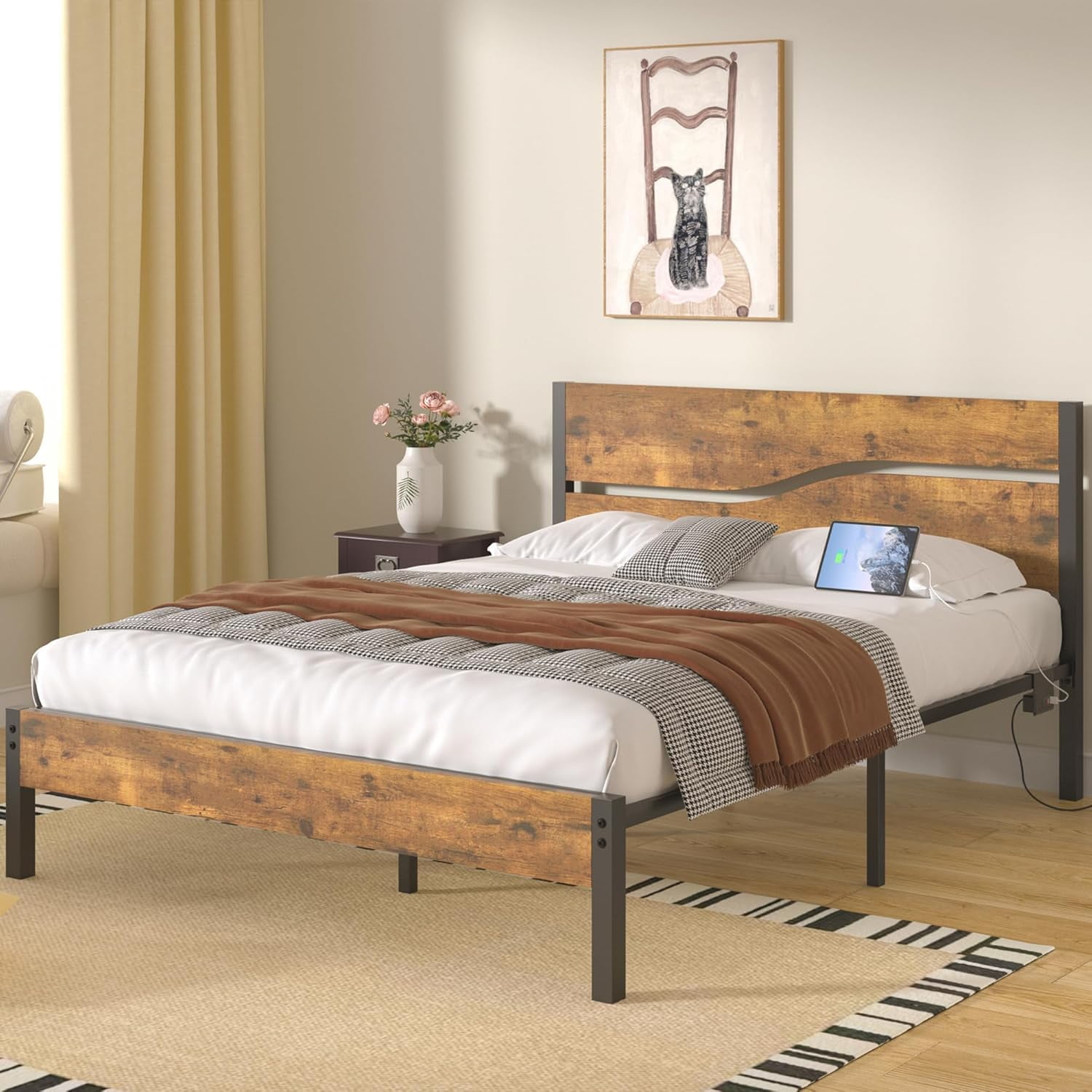 VECELO Platform Bed Frame Twin Size with Rustic Vintage Wood Headboard ...