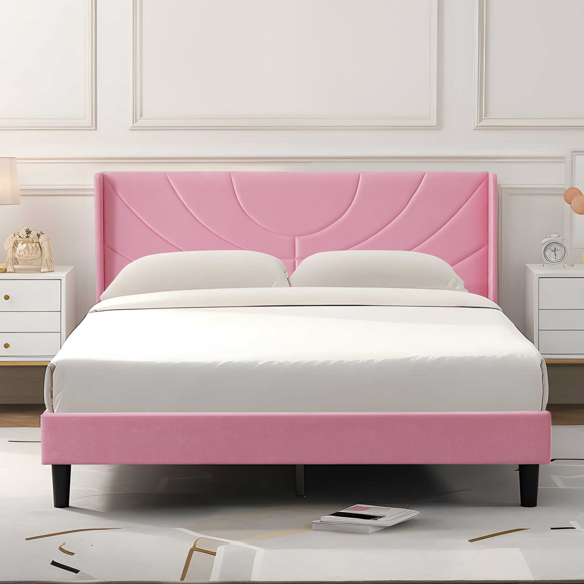 VECELO Queen Platform Bed Frame with Upholstered Headboard, Strong ...