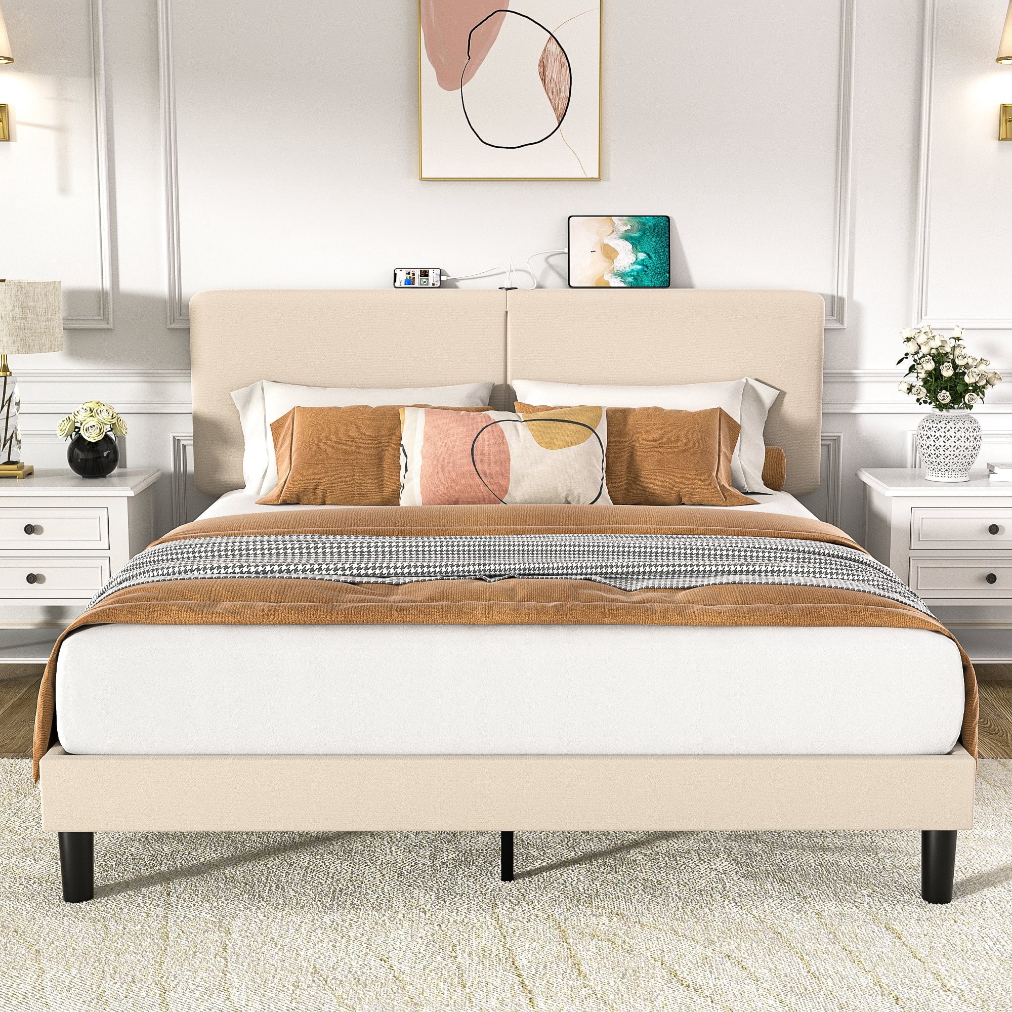 VECELO Queen Size Bed Frame with Charging Station, Upholstered Platform ...