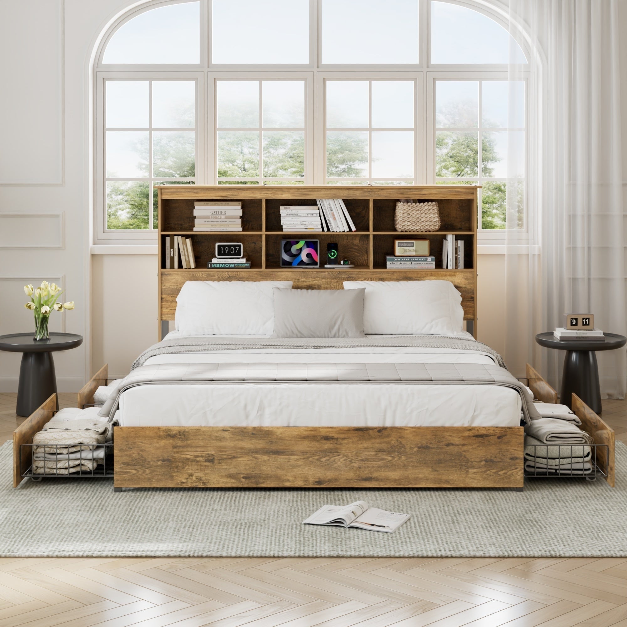 VECELO Queen Size Bed Frame with 3-Tier Storage Headboard, Metal ...