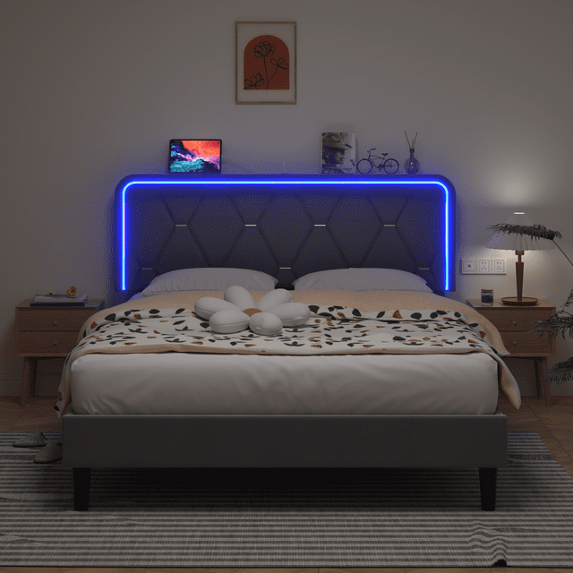 VECELO Queen Size Bed Frame with LED Light, Modern Upholstered Platform ...