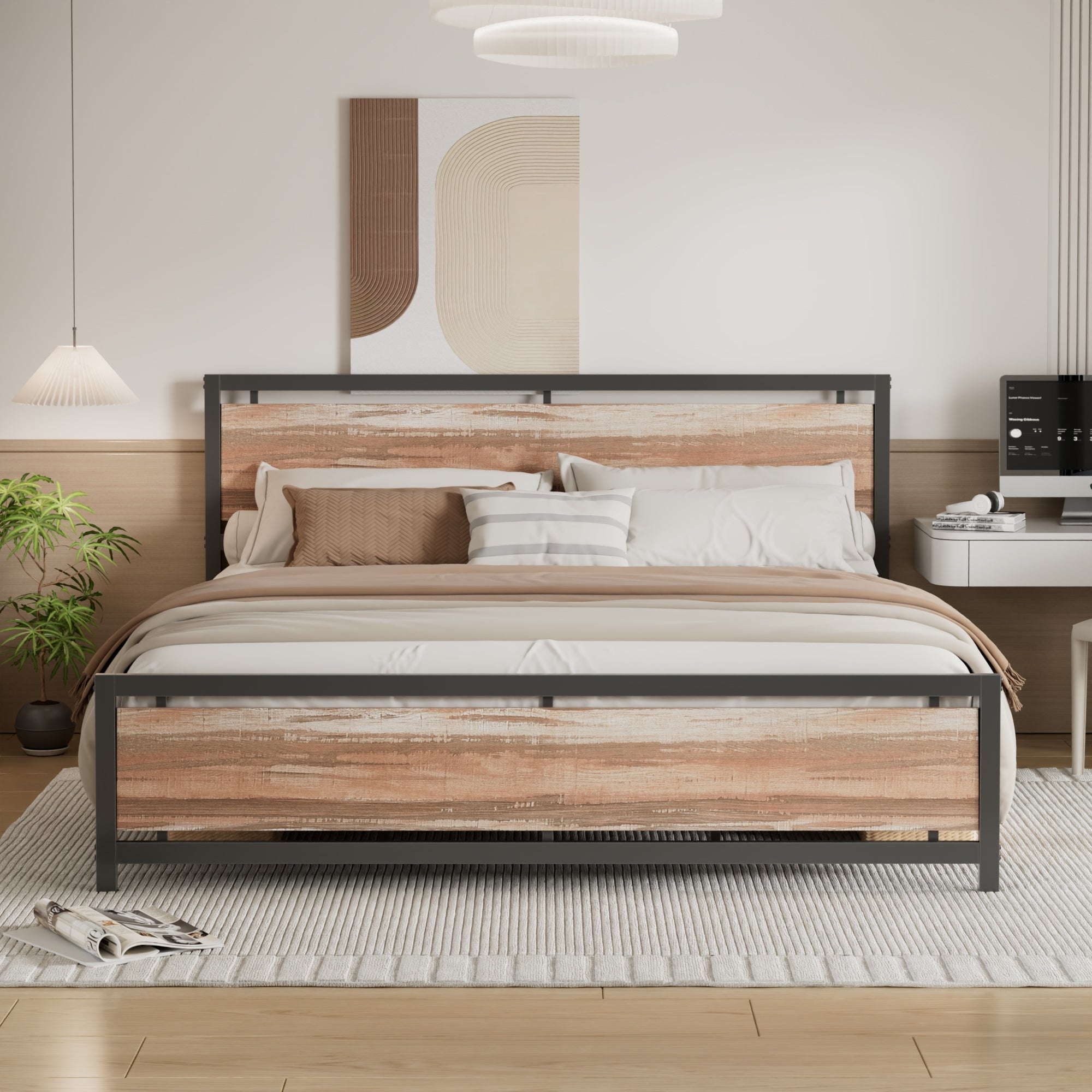 VECELO Queen Size Bed Frame, Metal Platform Bed Frame Wooden Headboard ...