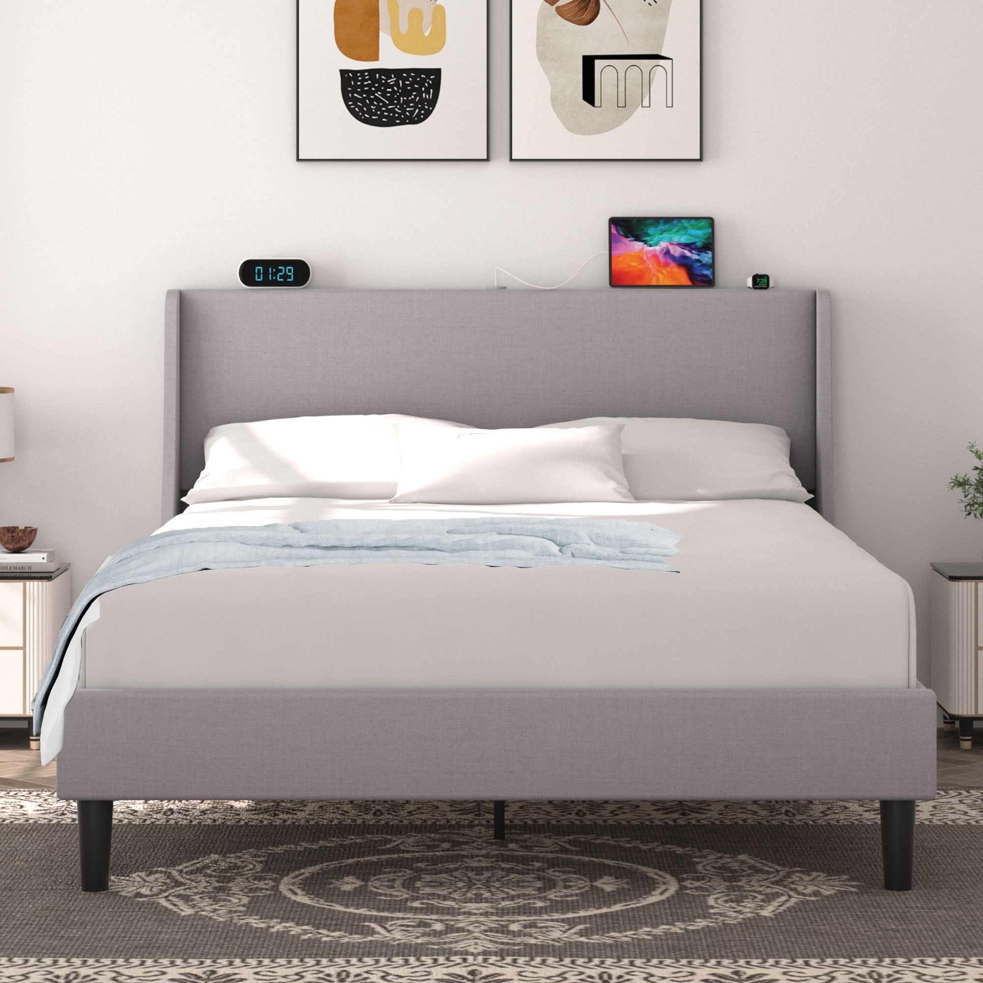 VECELO Queen Size Bed Frame with Charging Station, Upholstered Platform ...