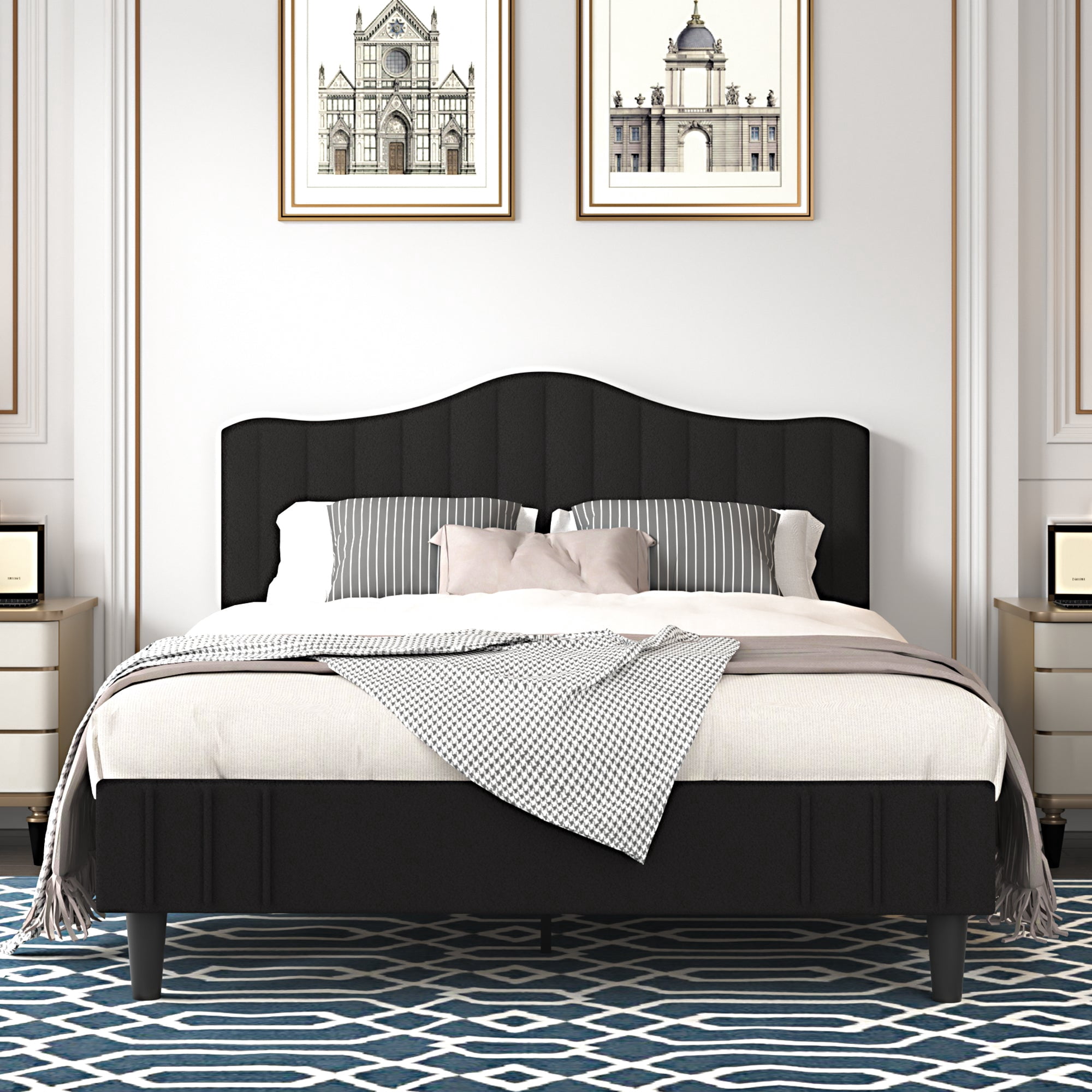 VECELO Queen Size Bed Frame with Upholstered Flannel Fabric Adjustable ...