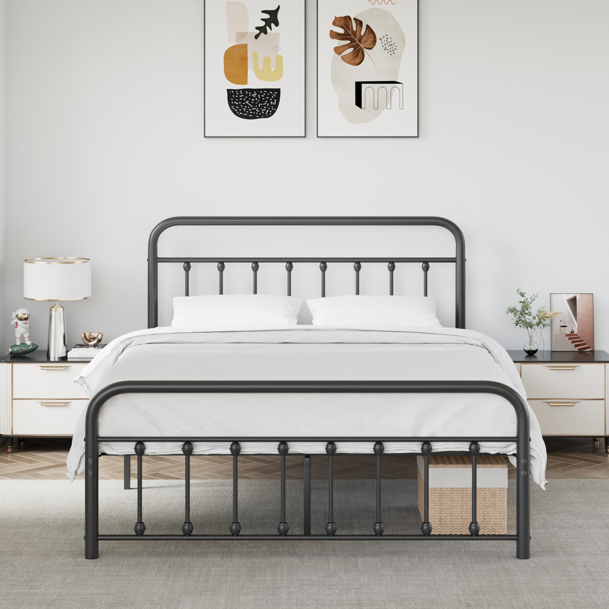 VECELO Queen Size Black Metal Bed Frame with Headboard, Footboard, and ...
