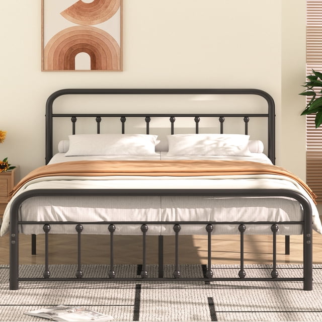 VECELO Queen Size Black Metal Bed Frame with Headboard, Footboard, and ...