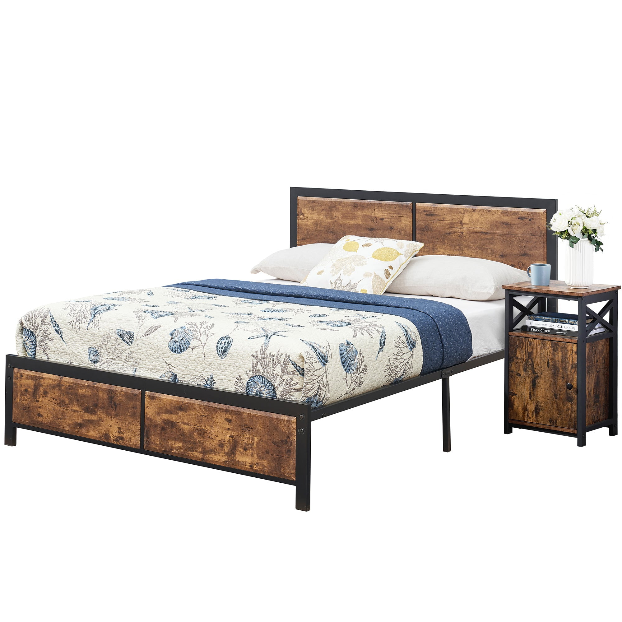 VECELO Queen Size Metal Platform Bed Frame and Nightstand, End Table ...
