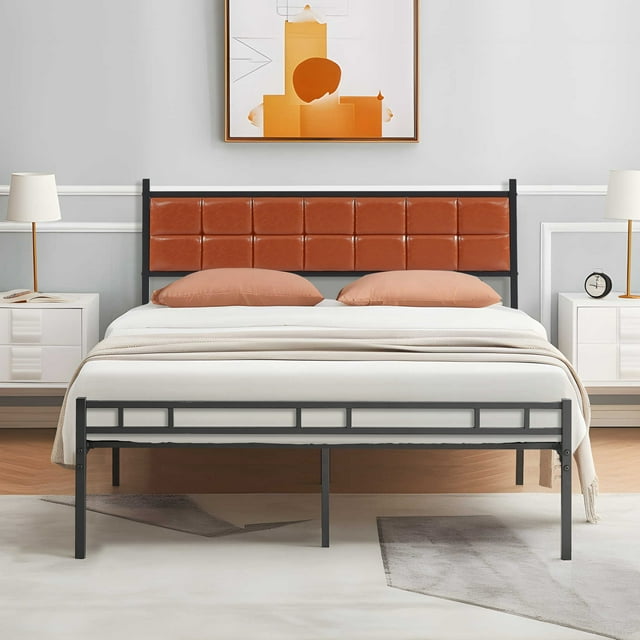 VECELO Queen Size Metal Platform Bed Frame with PU Leather Headboard ...