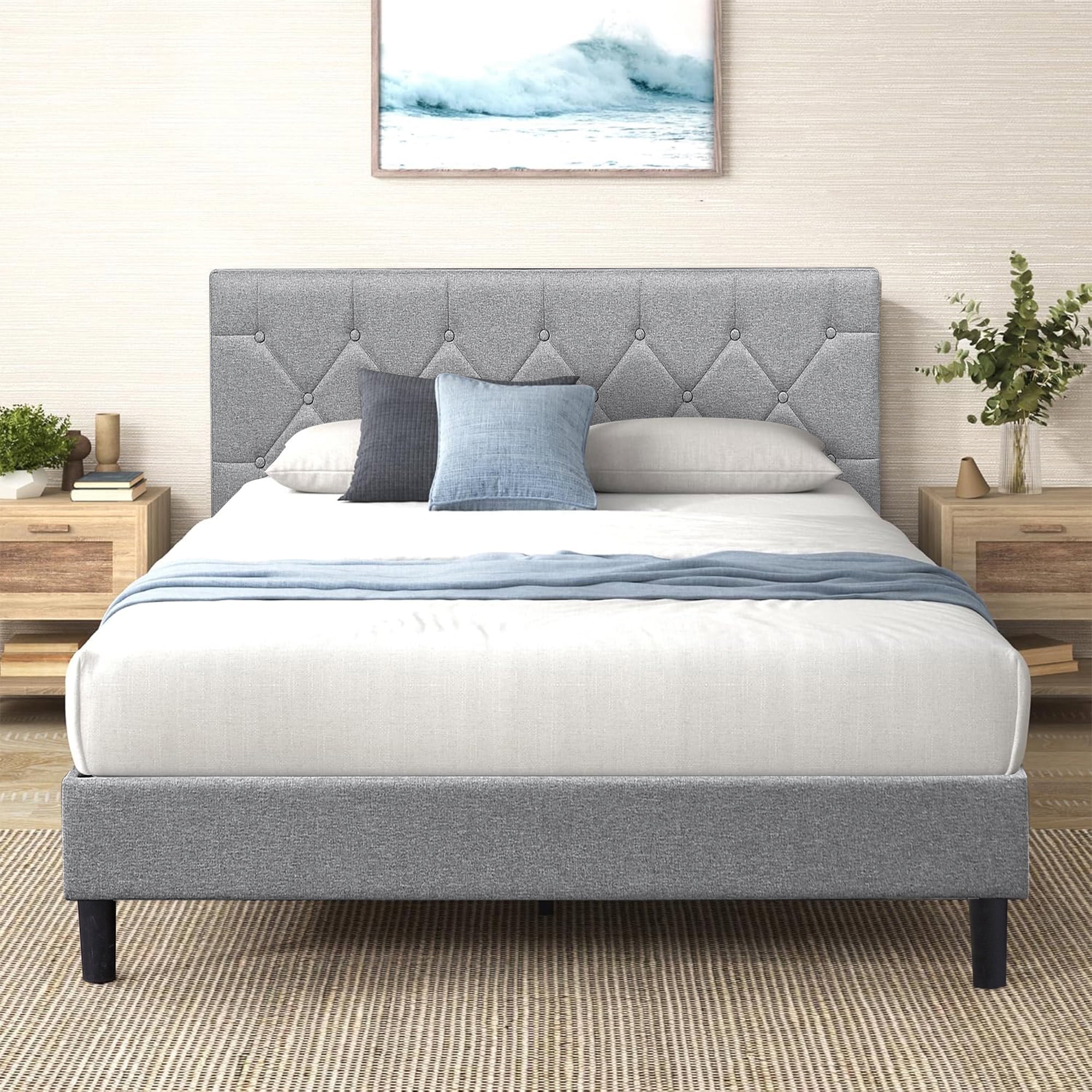 VECELO Queen Size Platform Bed Frame, Modern Upholstered Bed Frame with ...