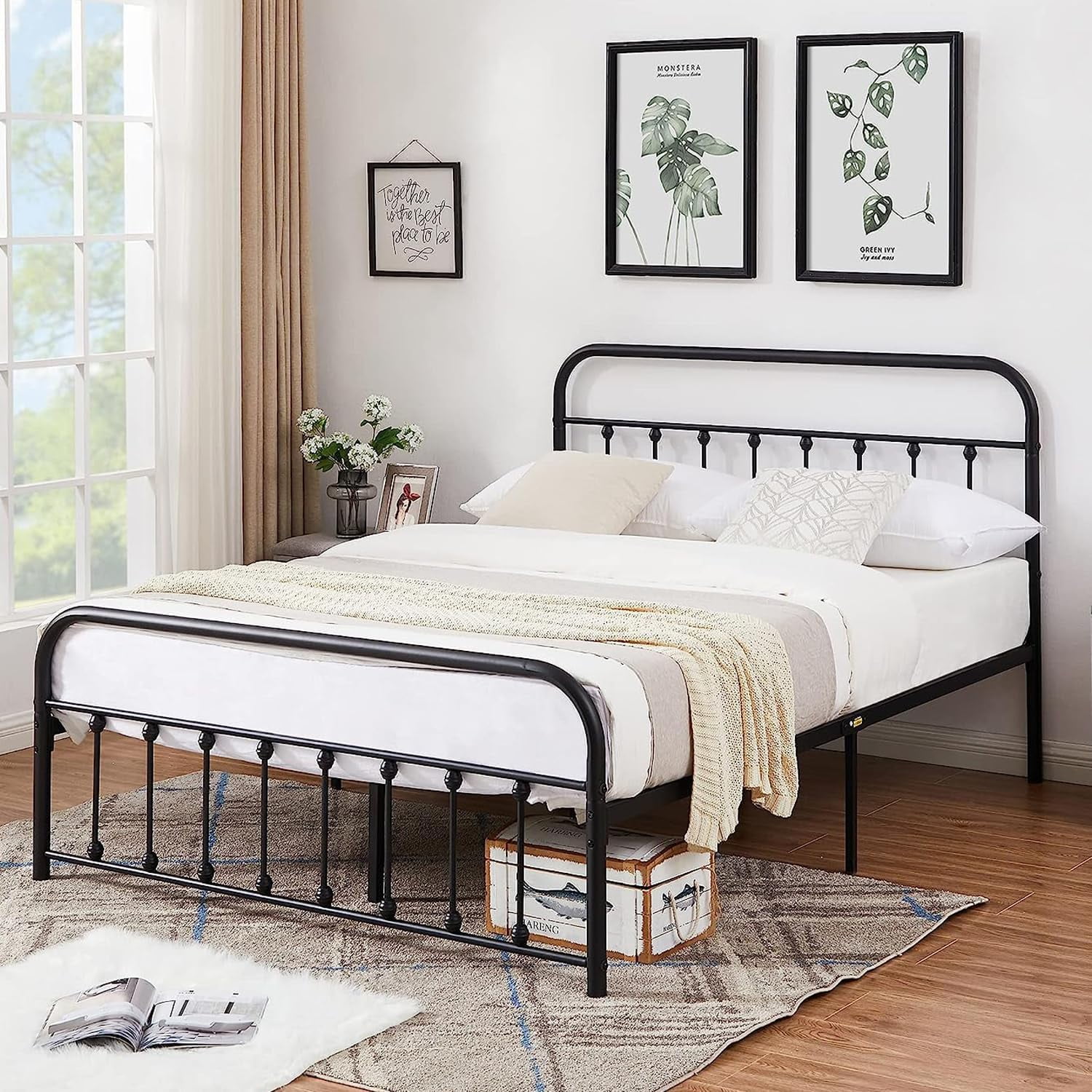 VECELO Queen Size Victorian Style Metal Bed Frame with Headboard ...