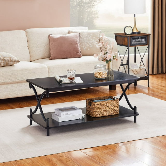 VECELO Rectangle Coffee Table with Storage Shelf, Modern X-Design Side ...