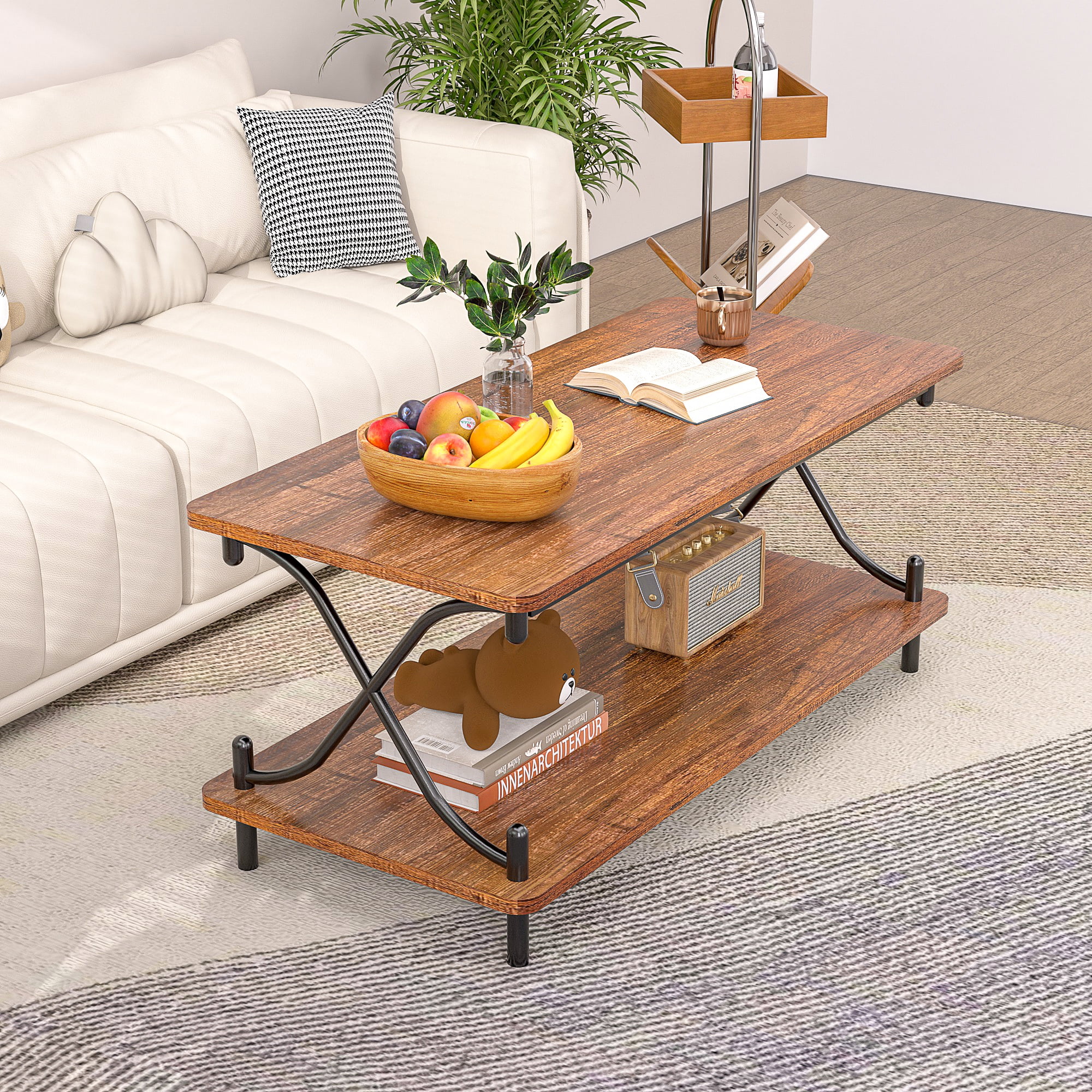 VECELO Wooden Multi-Purpose Coffee Table with Storage Shelf, X-Design ...