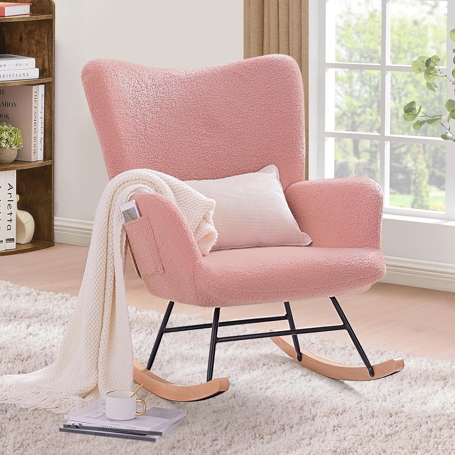VECELO Rocking Chair Nursery,Teddy Upholstered Glider Rocker with High ...