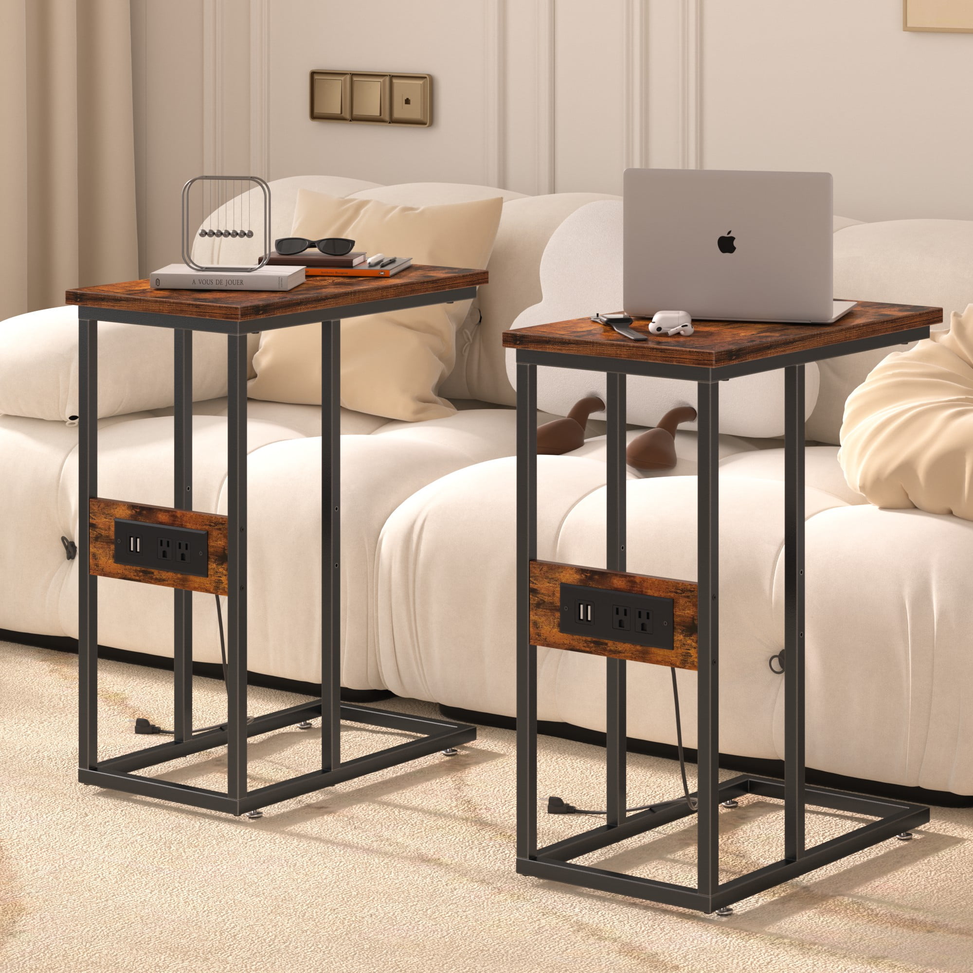 VECELO Set of 2 C Shaped End Table with Charging Station, Small Side ...