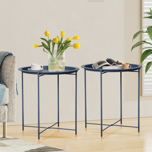 VECELO Set of 2 Round Side End Table, Folding Metal Small Coffee Table ...