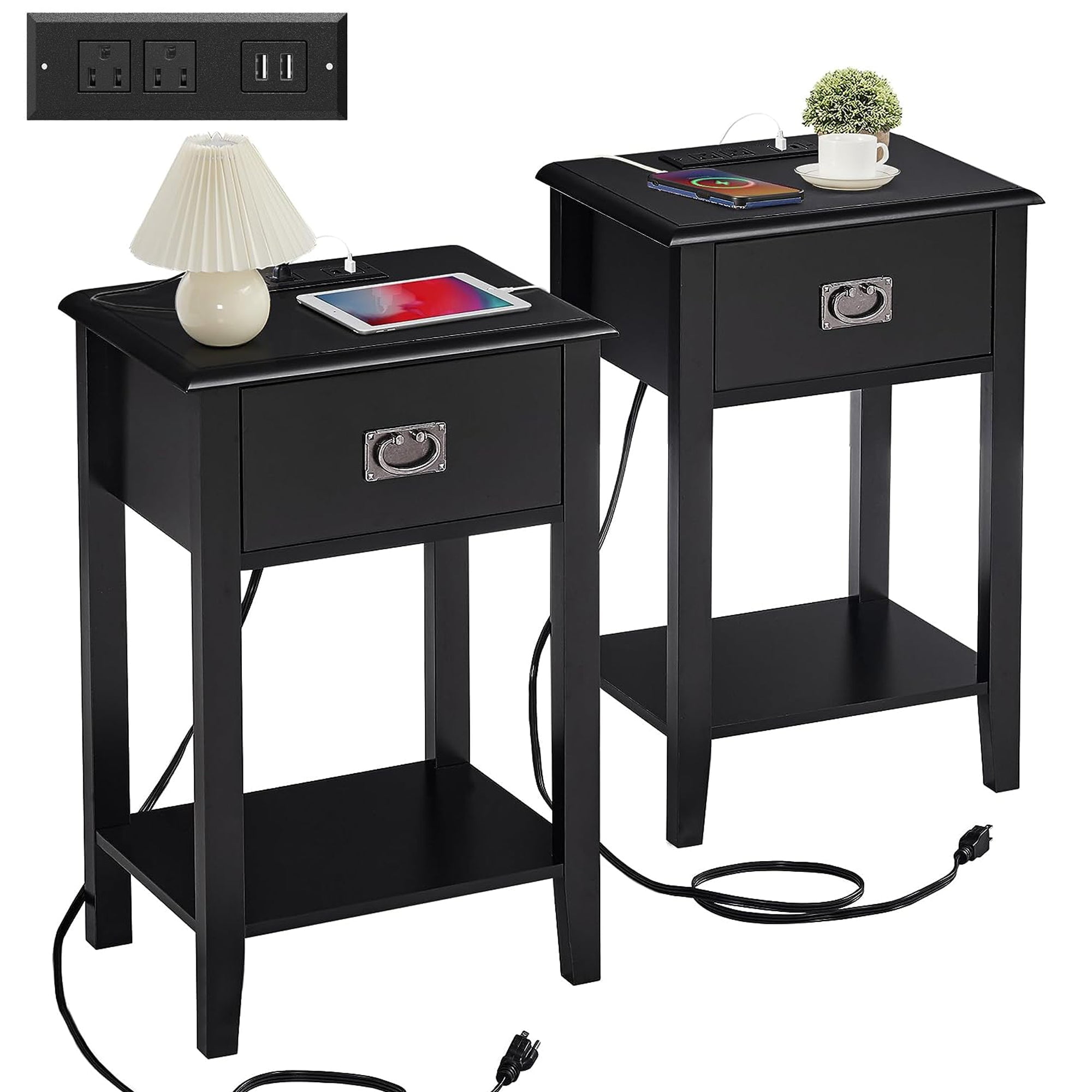 VECELO Set of 2 Nightstand with Charging Station, Wood Night Stand with ...
