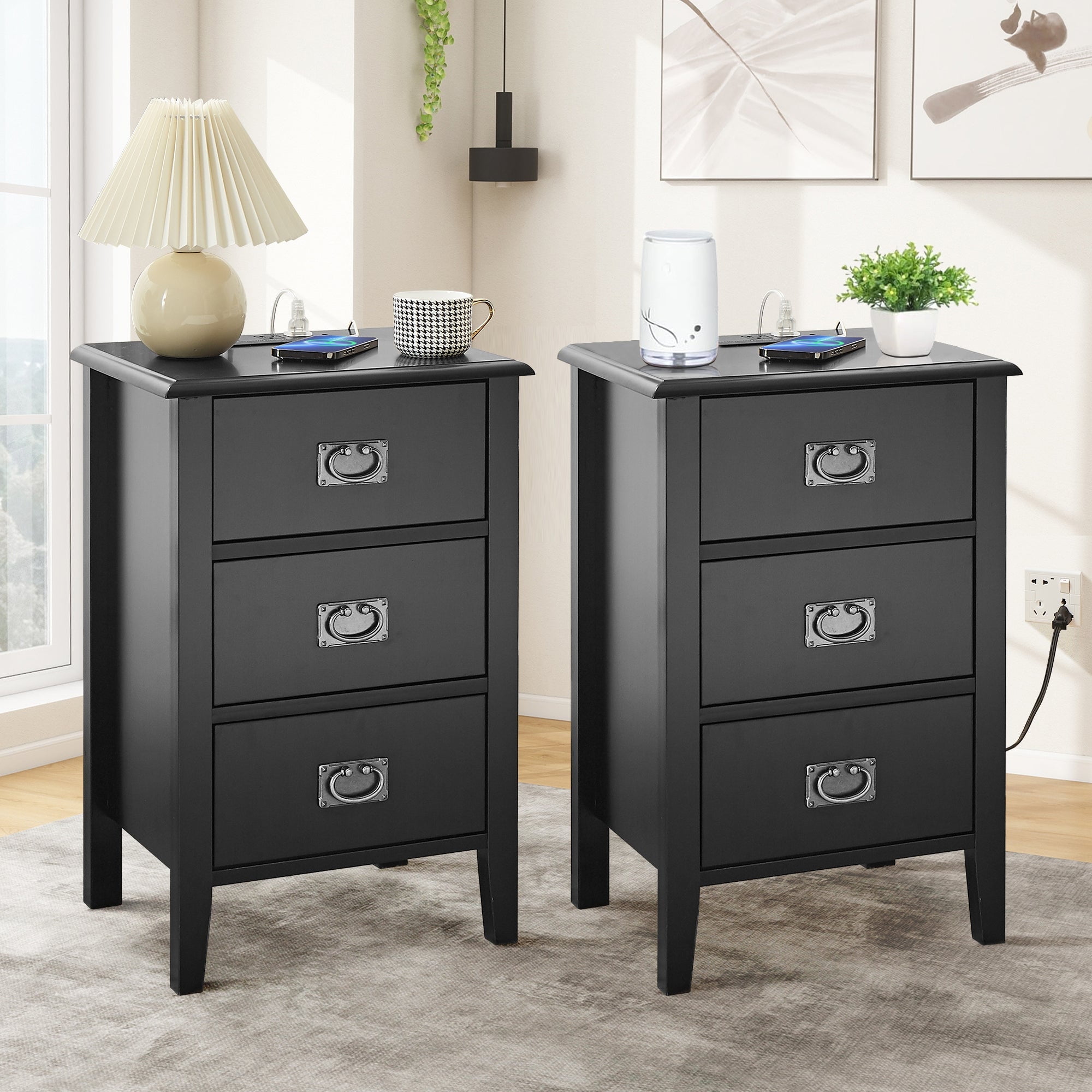 VECELO Set of 2 Nightstand with Charging Station, Wood Night Stand with ...