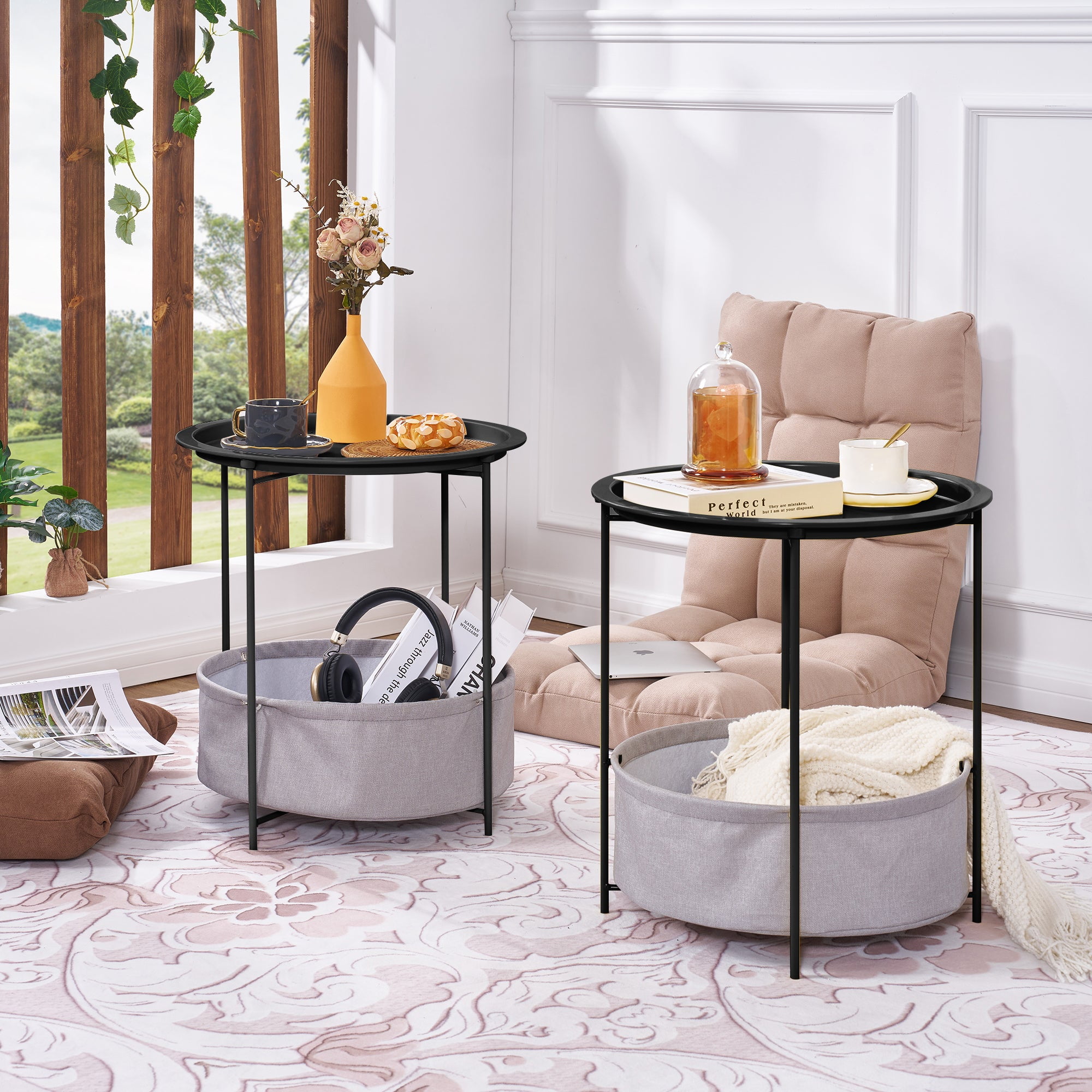 VECELO Set of 2 Round Side Table with Storage, Metal Small Nightstand ...