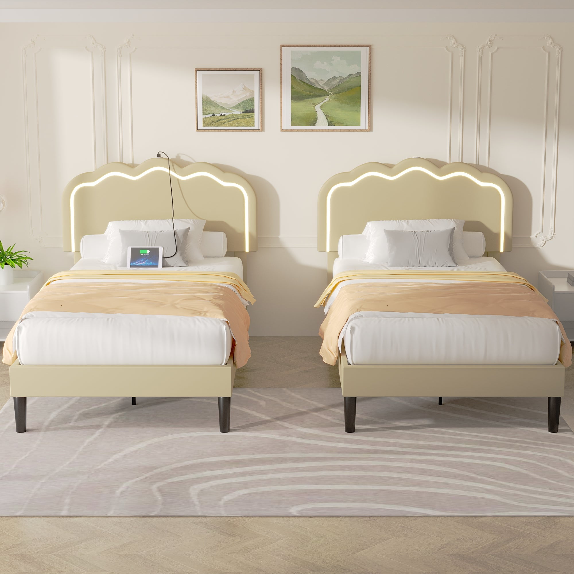 VECELO Set of 2 Twin Bed Frame, LED Upholstered Platform Bed Frame with ...