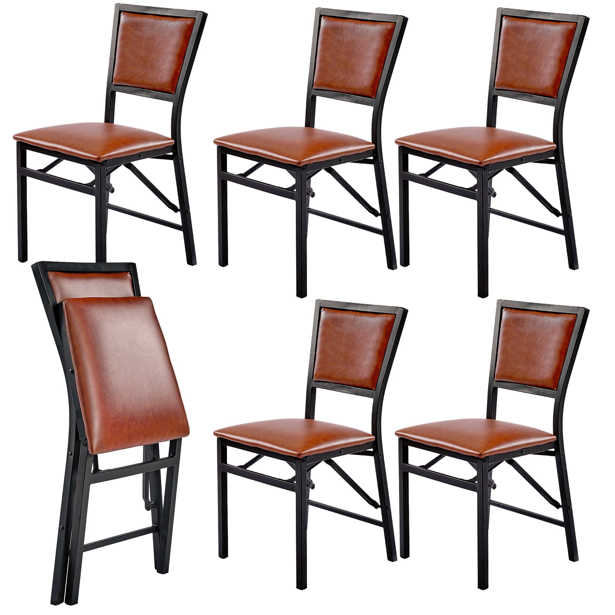 VECELO Set of 6 Metal Folding Chairs, High Back PU Upholstered Dining ...