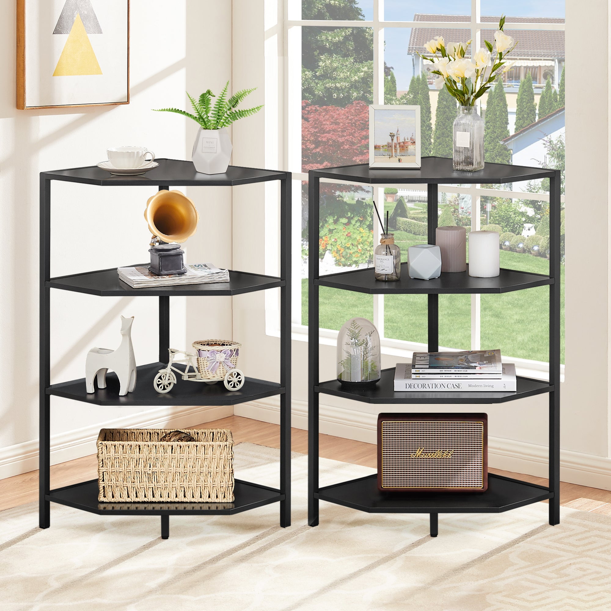 VECELO Set of 2 Corner Shelf, 4-Tier Corner Bookshelf Small Bookcase ...