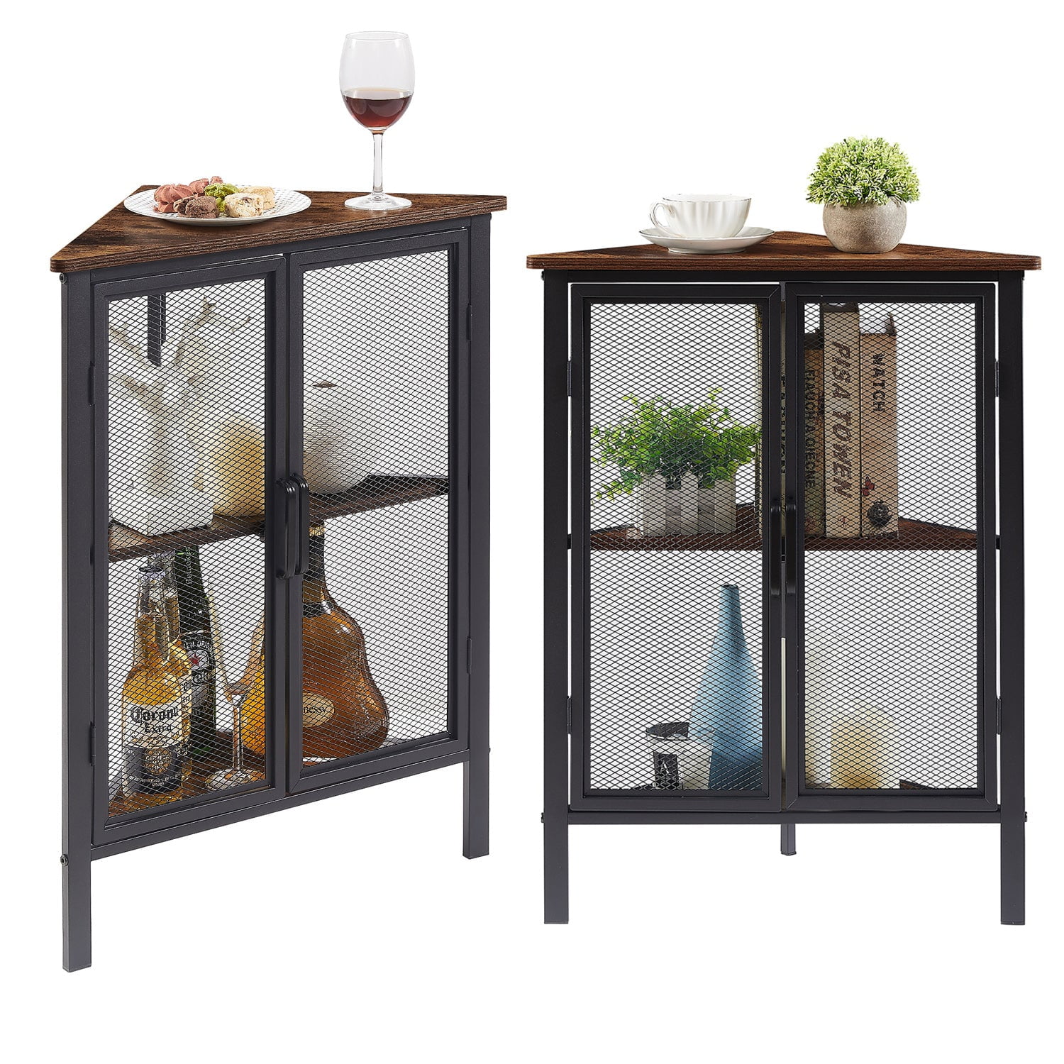 VECELO Set of 2 Corner Storage Cabinet with Dual Door, Wood Floor ...