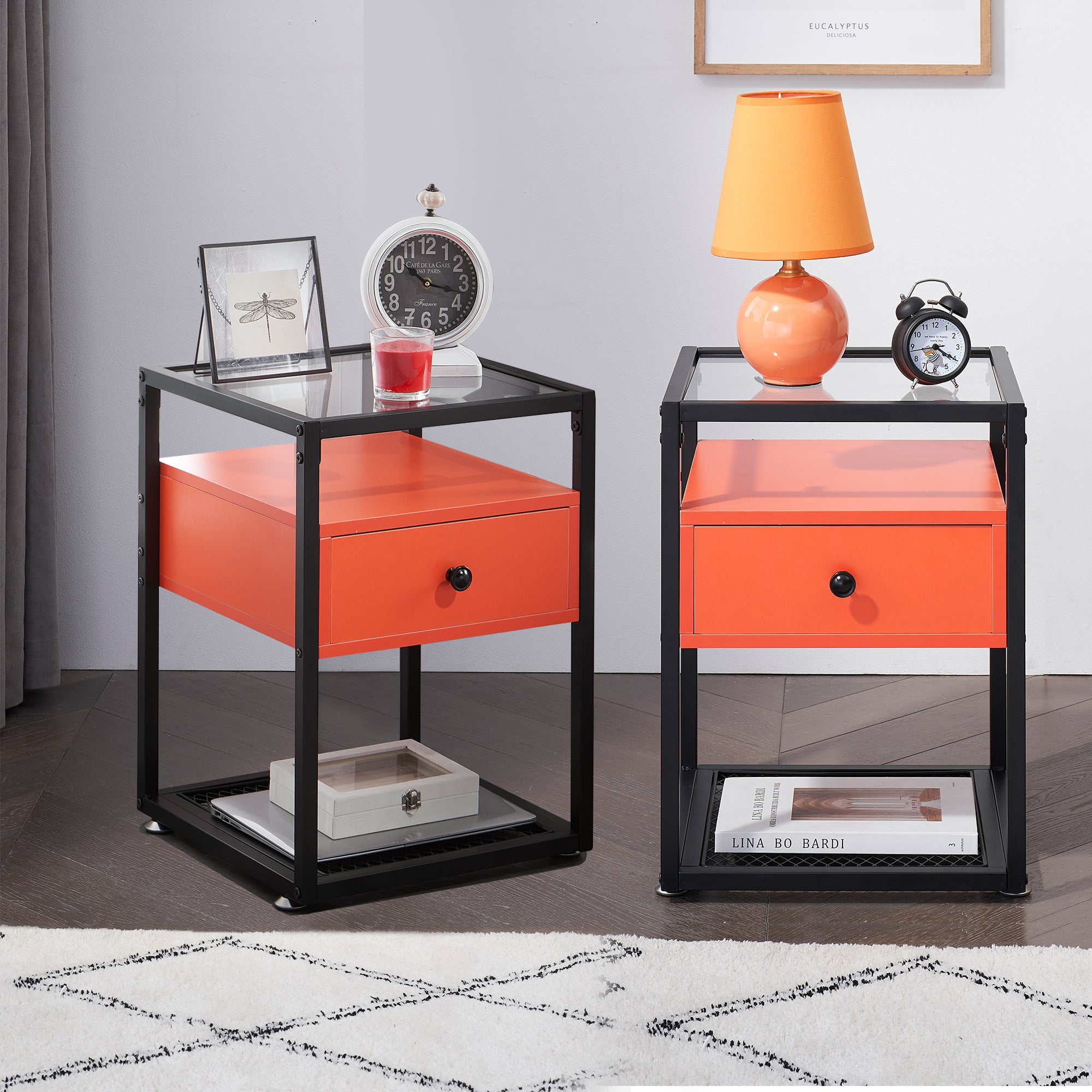 VECELO Set of 2 Nightstand with 1-Drawer, Modern Tempered Glass Top End ...