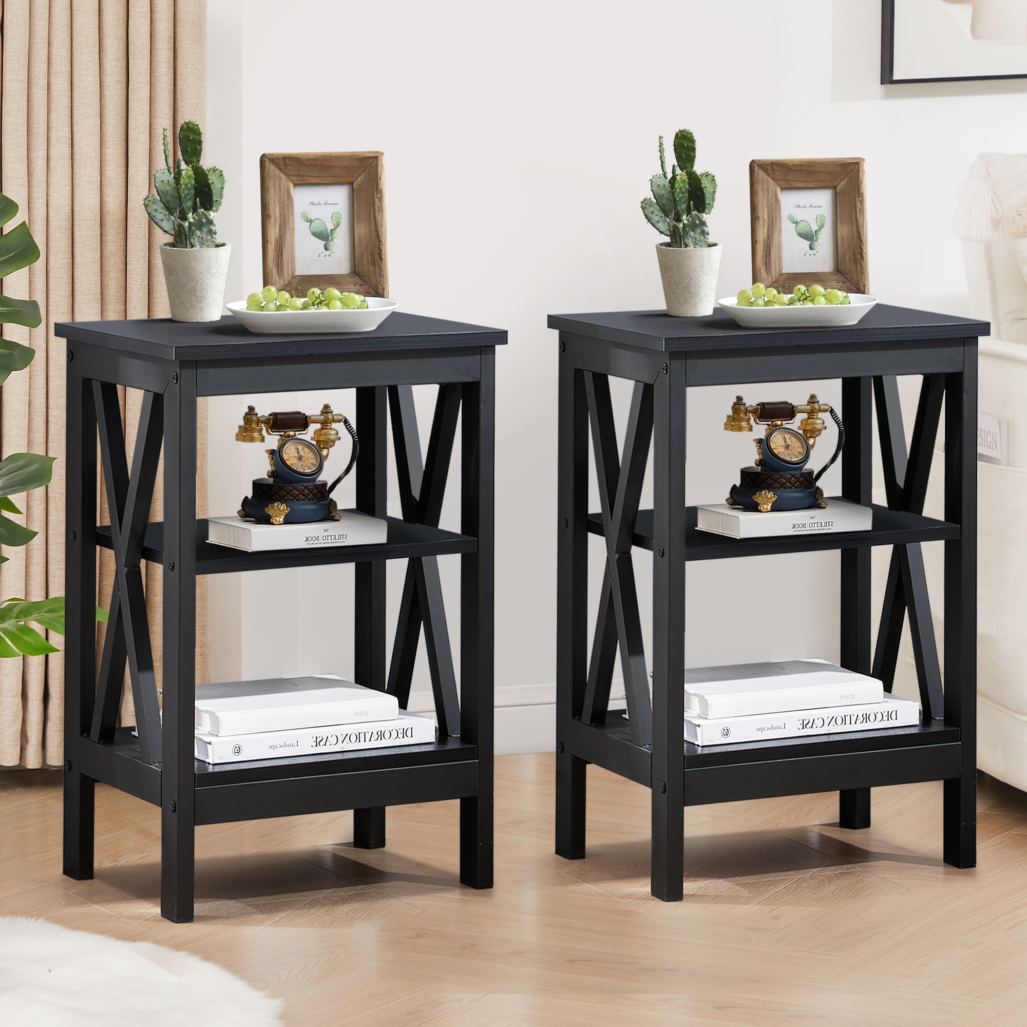 VECELO 2-Pack Bedroom Bedside Night Stand with Black X-Framed 3-Tier ...