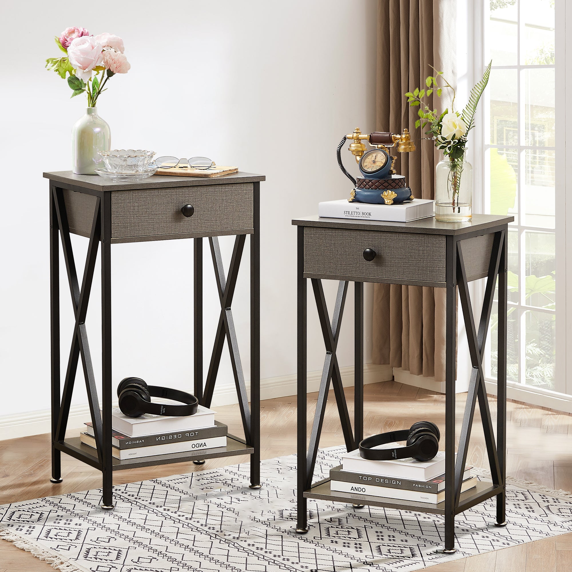 VECELO Set of 2 Nightstand with Drawer, Industrial Side End Table for ...