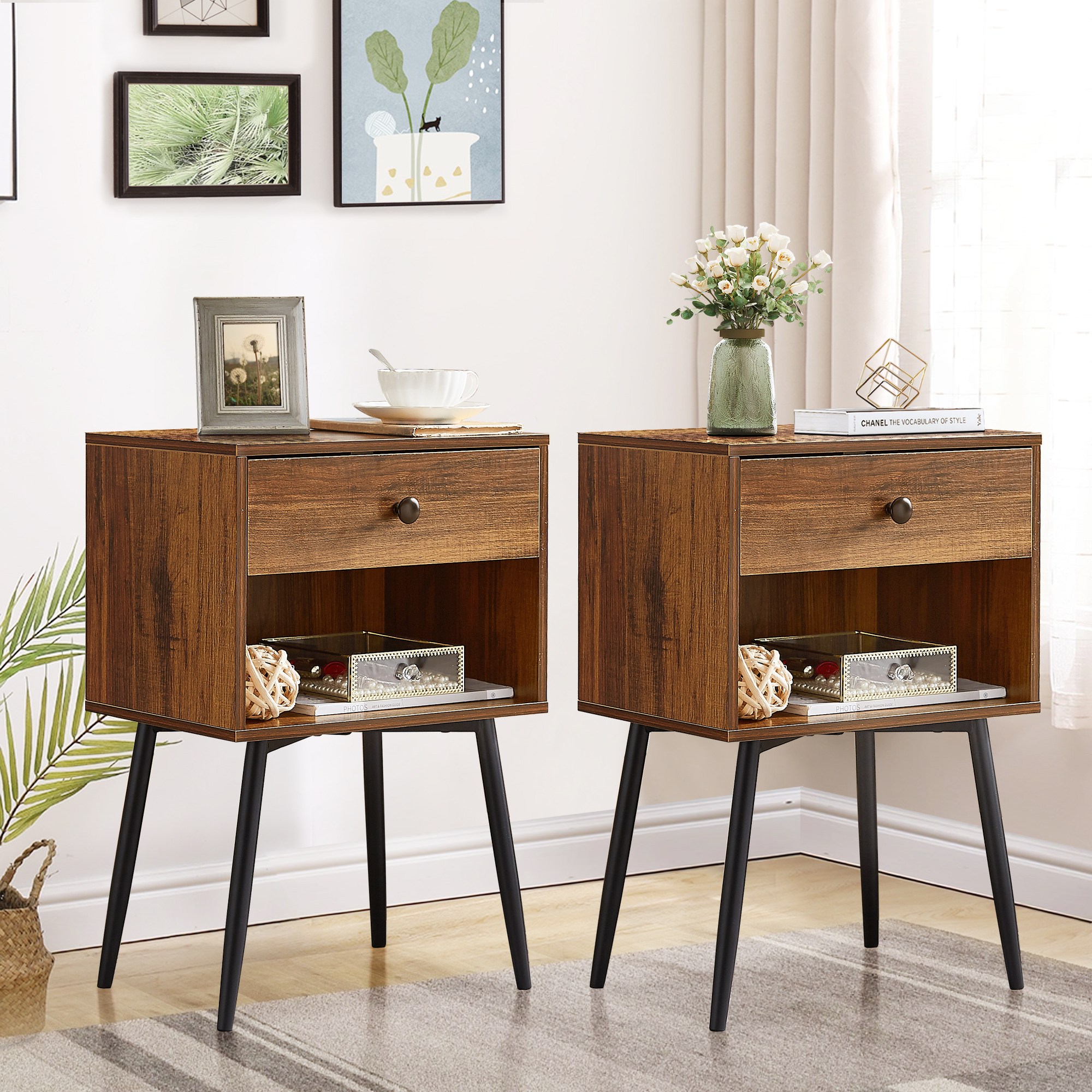VECELO Set of 2 Nightstand with Drawer, Mid-Century Side End Table with ...
