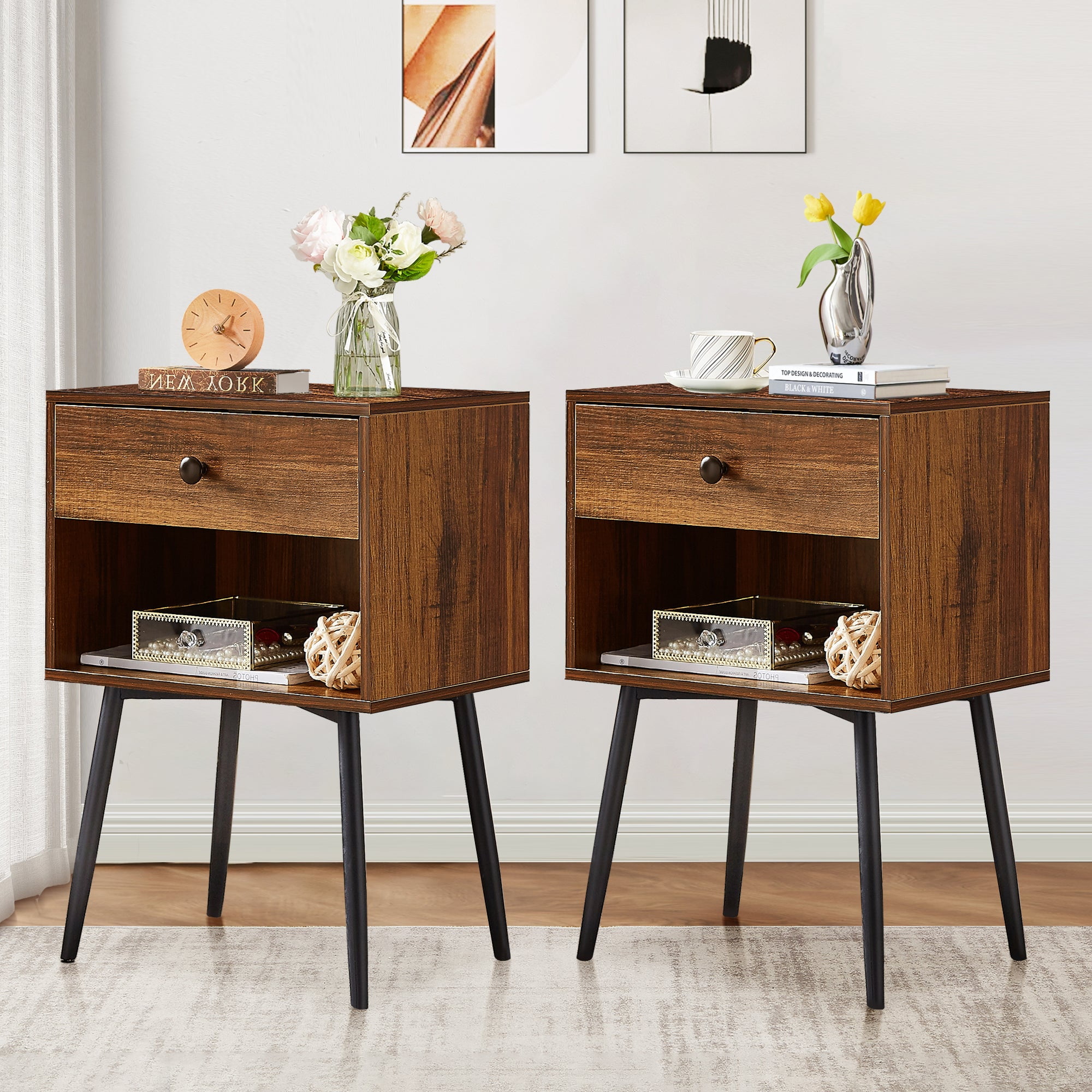 VECELO Set of 2 Nightstand with Drawer, Mid-Century Side End Table with Stable Metal Frame for ...