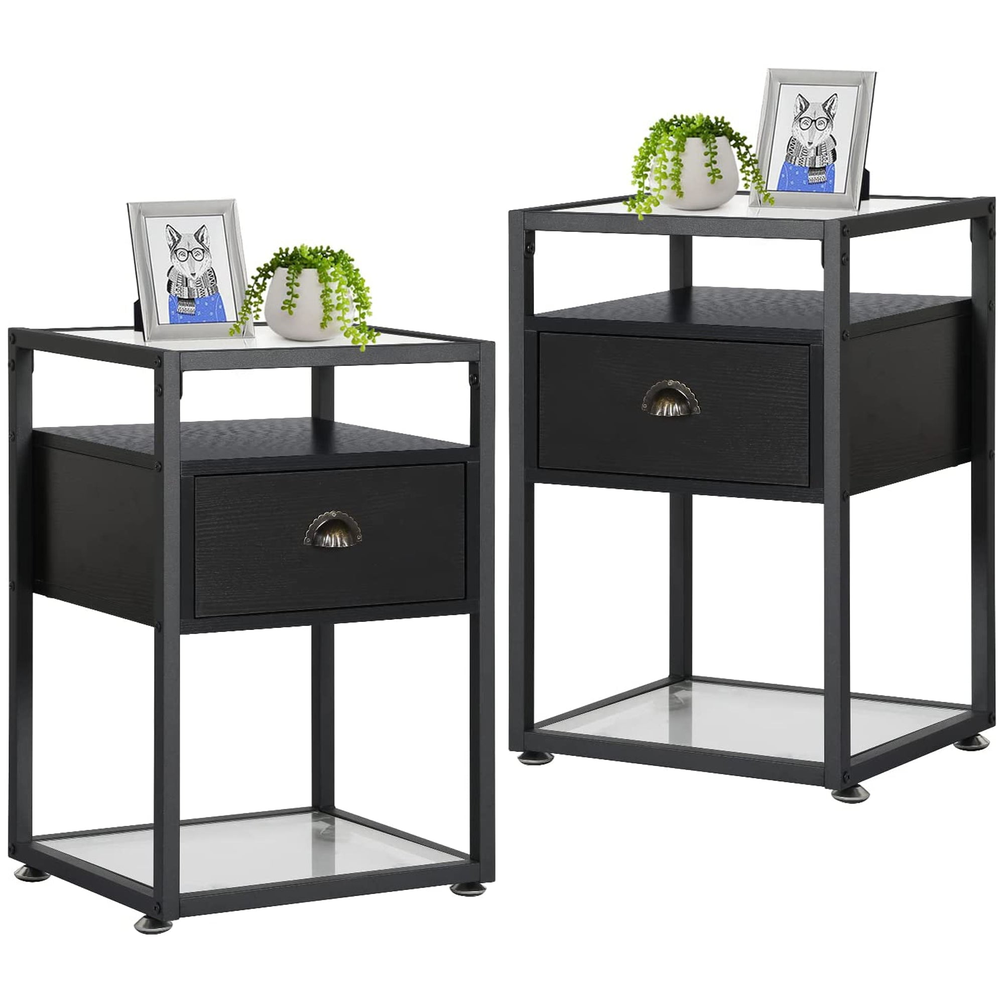 Katkuca Set of 2 Nightstand with Drawer, Tempered Glass End Side Table ...