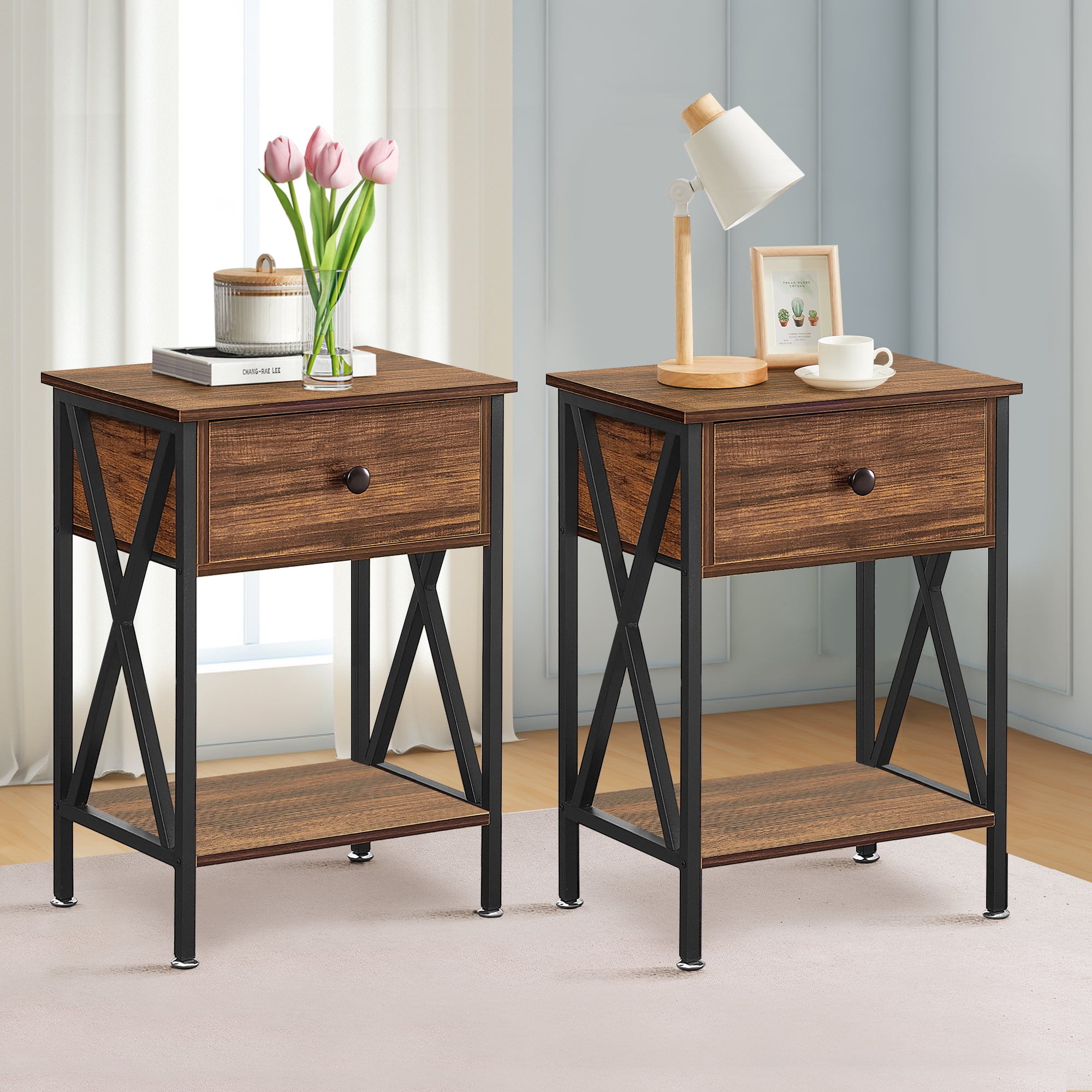 VECELO Wooden Night Matching Bed Side Stand Set of 2 with Drawer and ...