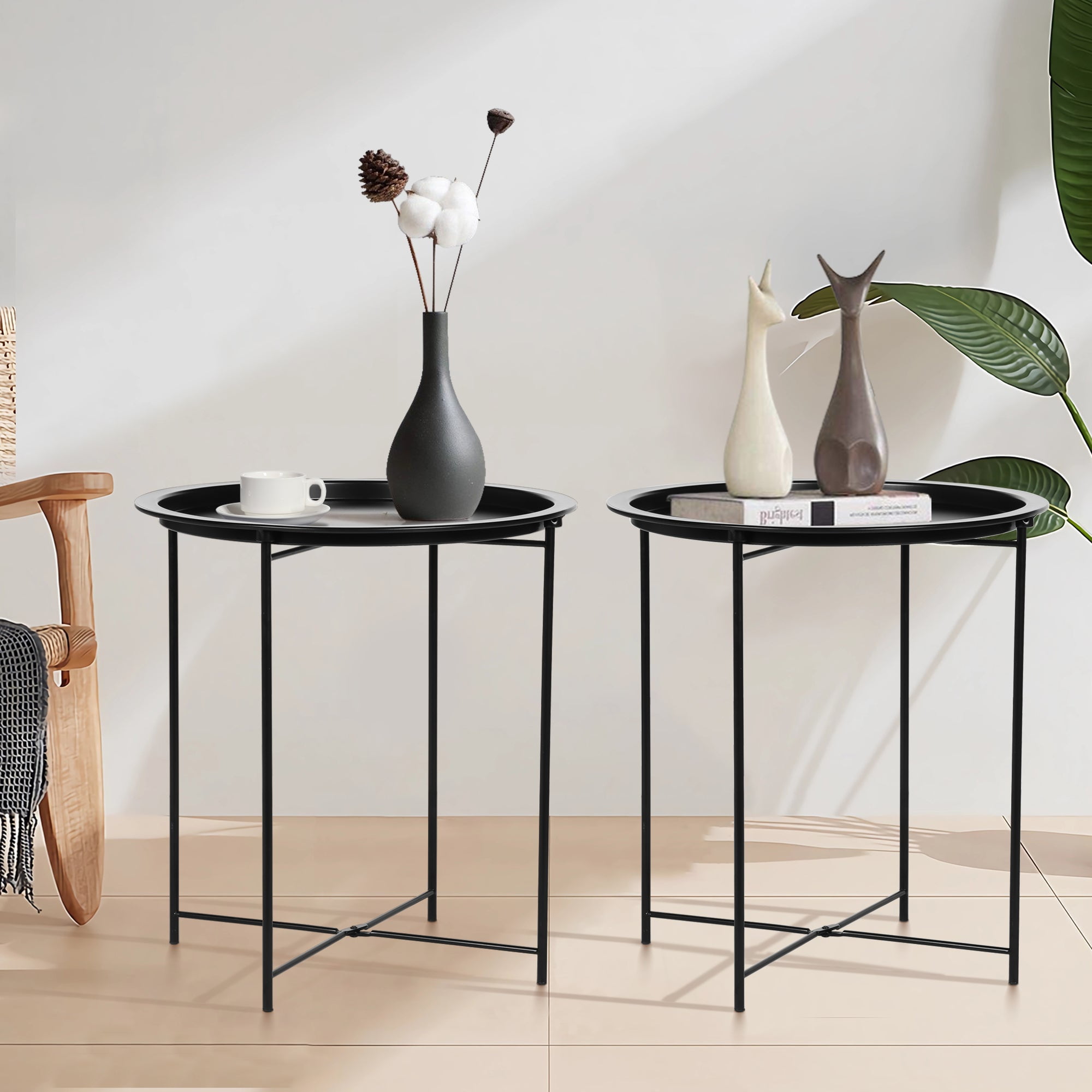 VECELO Simple Tiny Top Round Side End Table, Foldable Metal, Removable ...