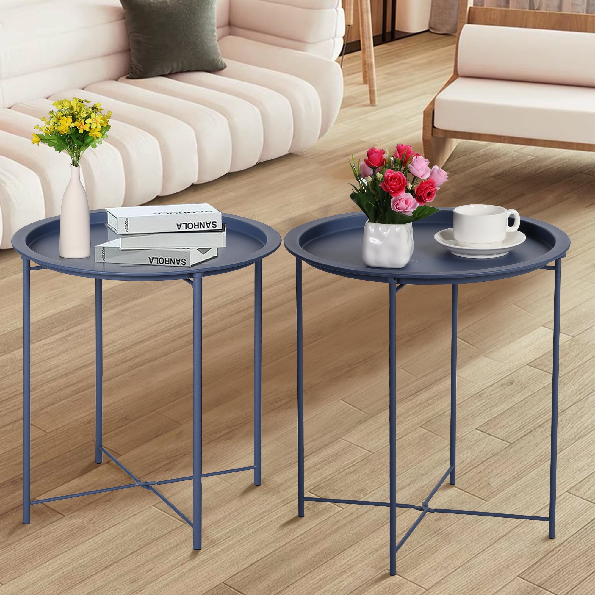 VECELO Set of 2 Round Side End Table, Folding Metal Small Coffee Table ...