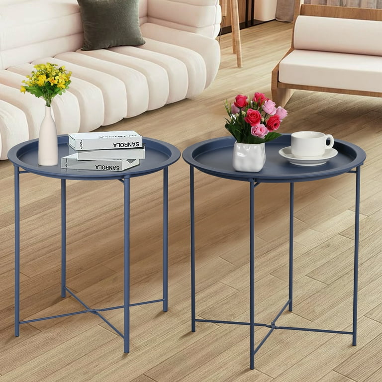 VECELO Set of 2 Round Side End Table Folding Metal Small Coffee Table with Removable Tray for Living Room Bedroom Balcony and Office Blue