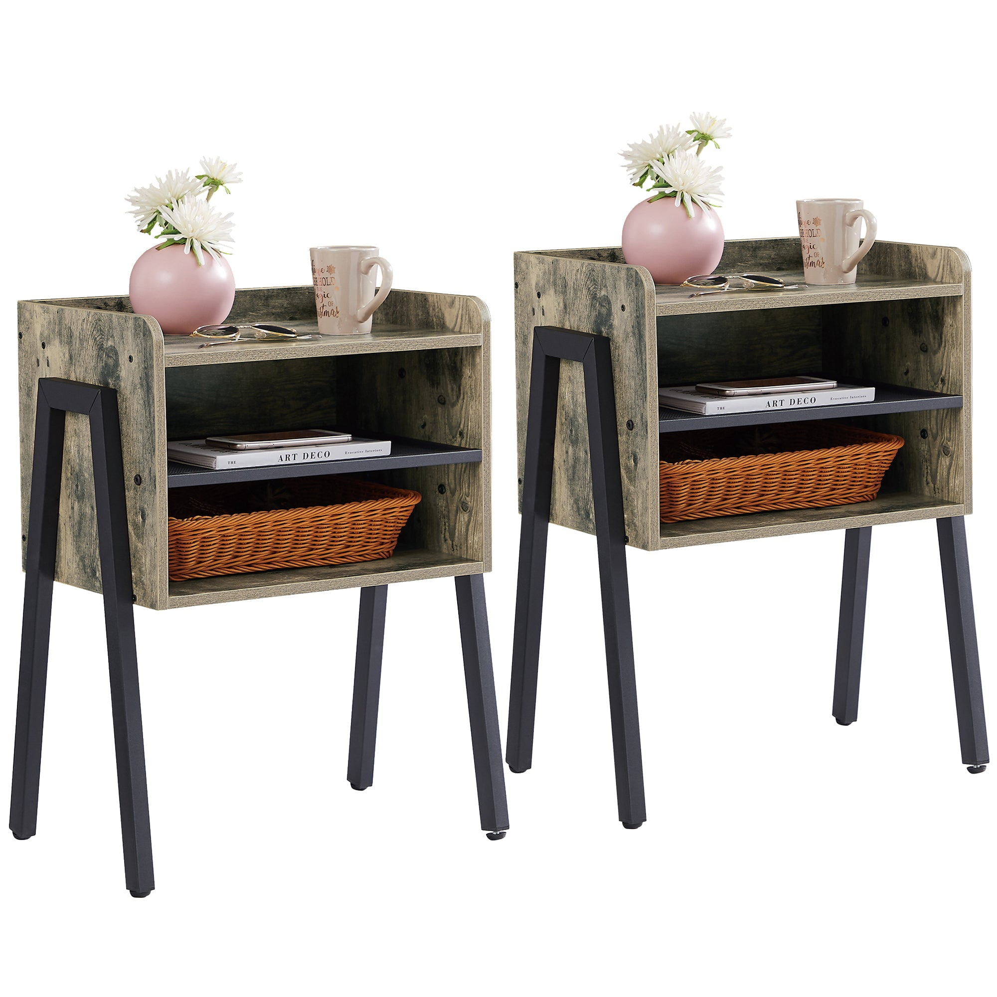 VECELO Set of 2 Side End Table/Stackable Bedside Stand with 2-tier Open ...