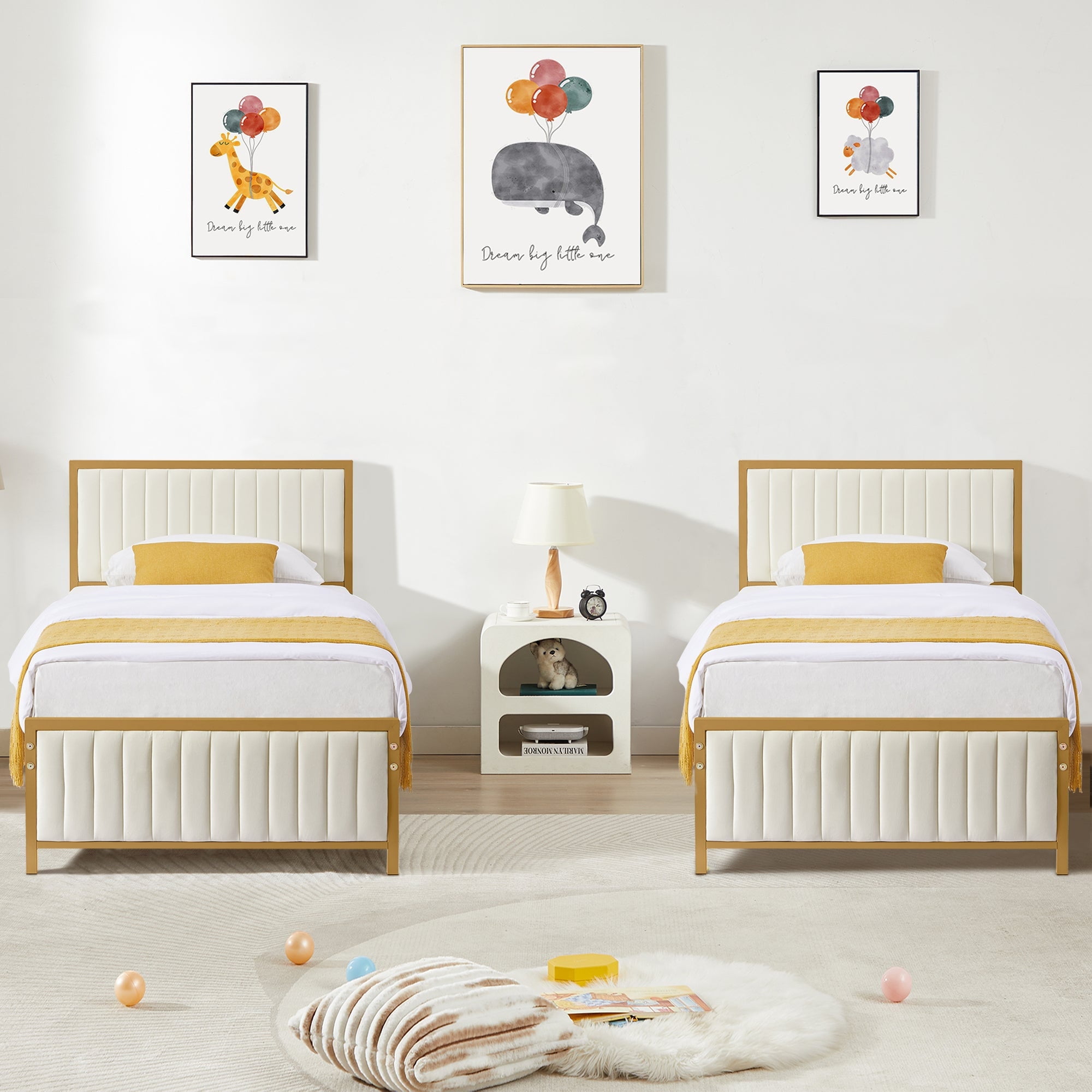 VECELO Twin Size Adult Single Metal Bed Frame with Upholstered Tufted ...