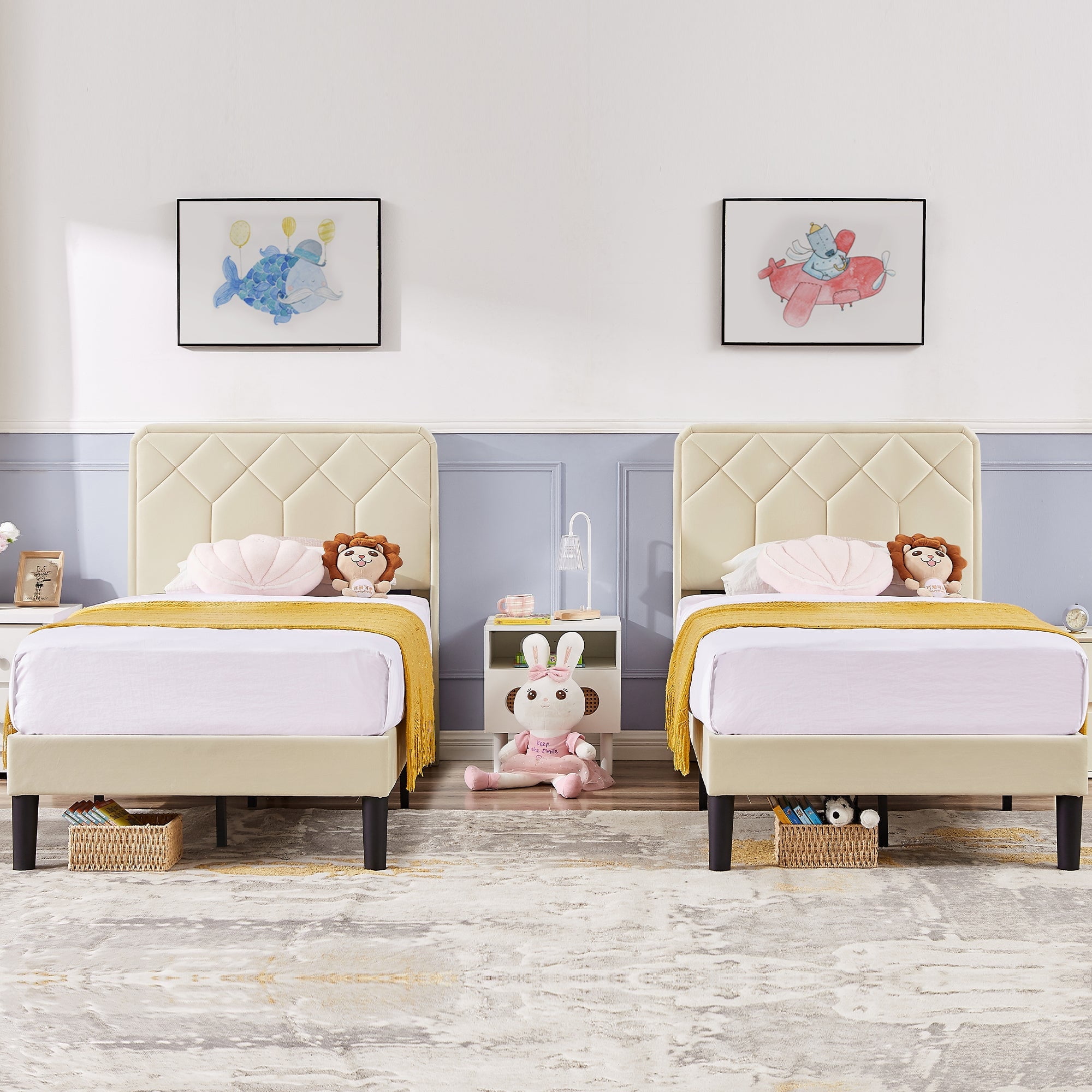 VECELO Set of 2 Twin Bed Frames, Modern Upholstered Platform Bed Frame ...