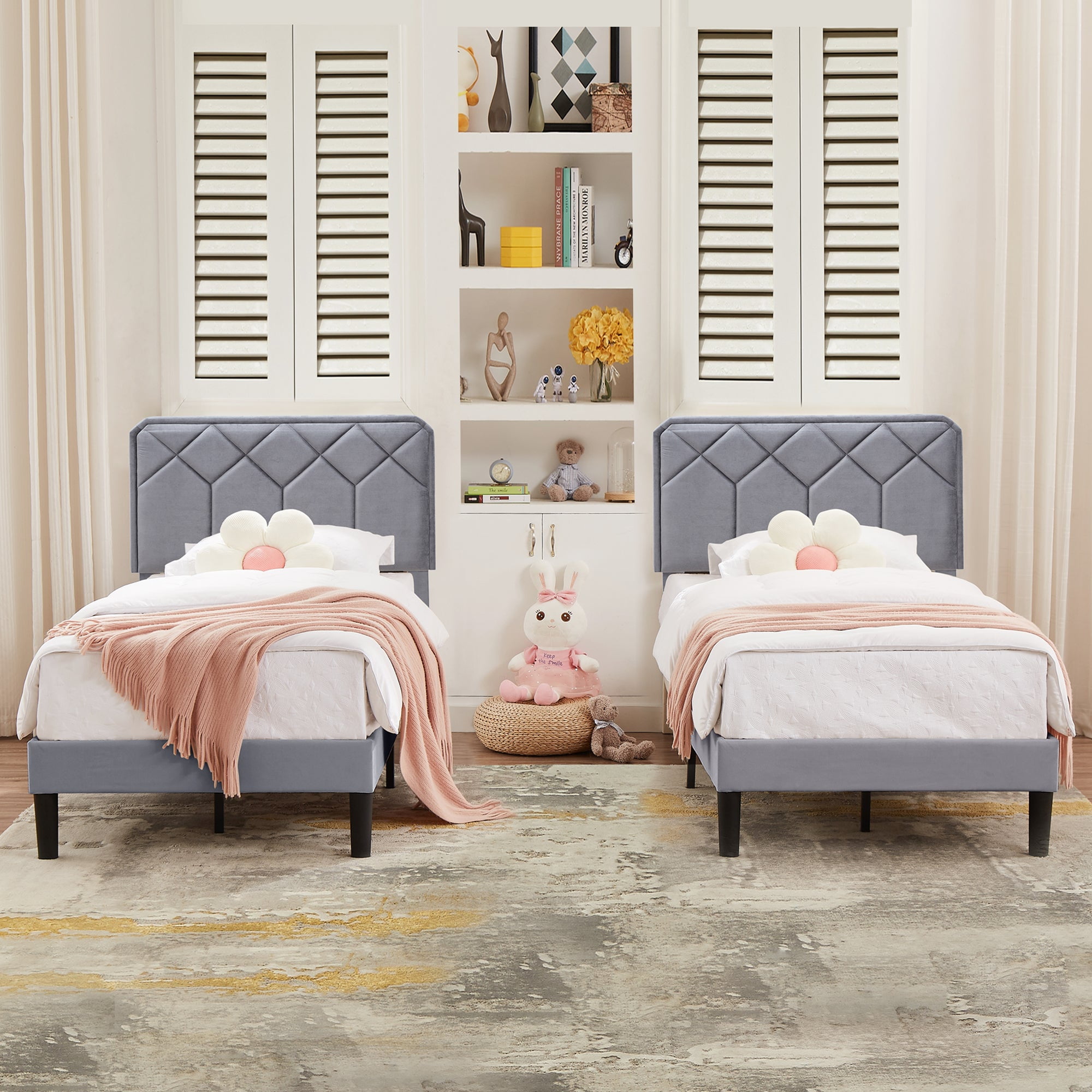 VECELO Set of 2 Twin Bed Frames, Modern Upholstered Platform Bed Frame ...