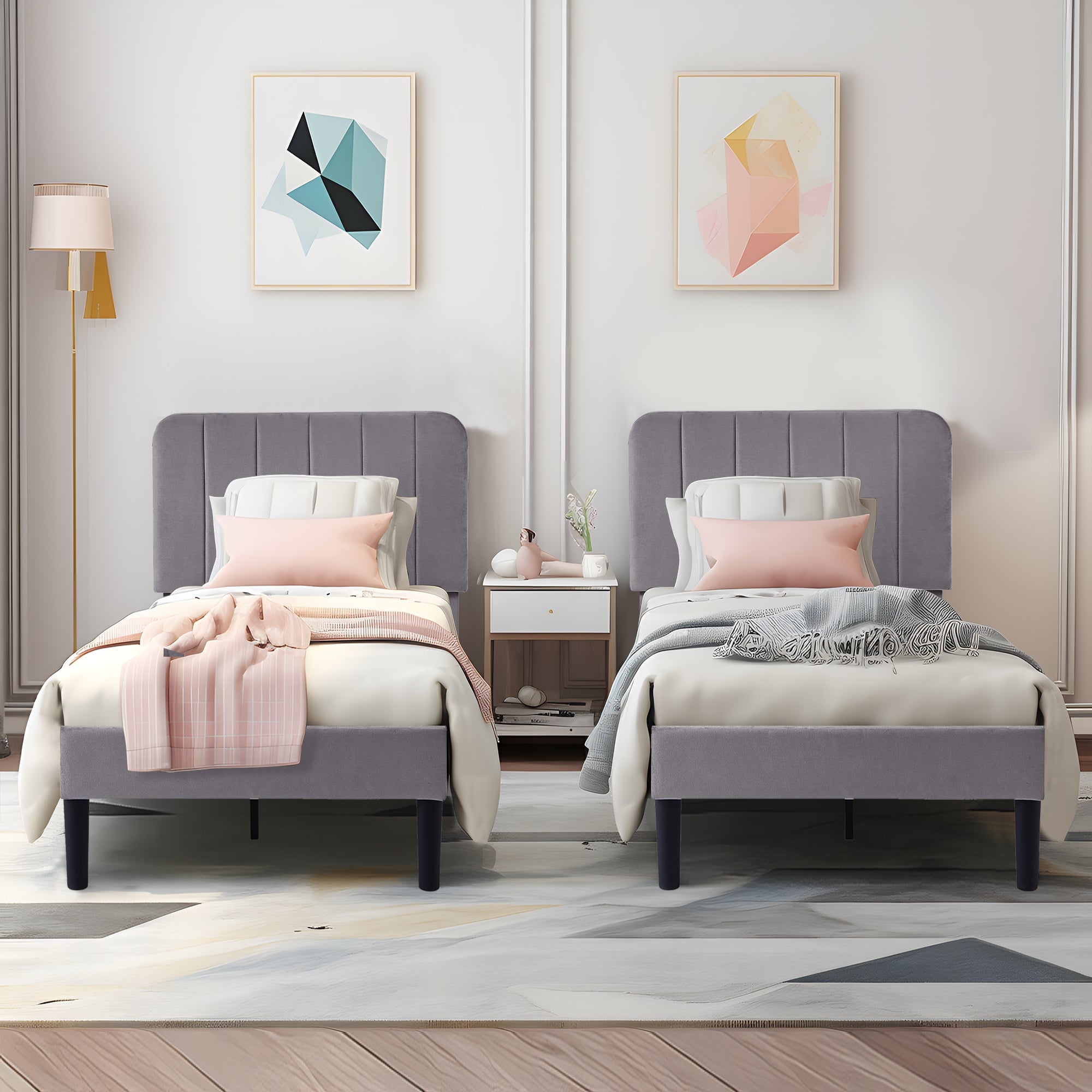 VECELO Twin Upholstered Platform Bed Frame Set, Adjustable Headboard ...