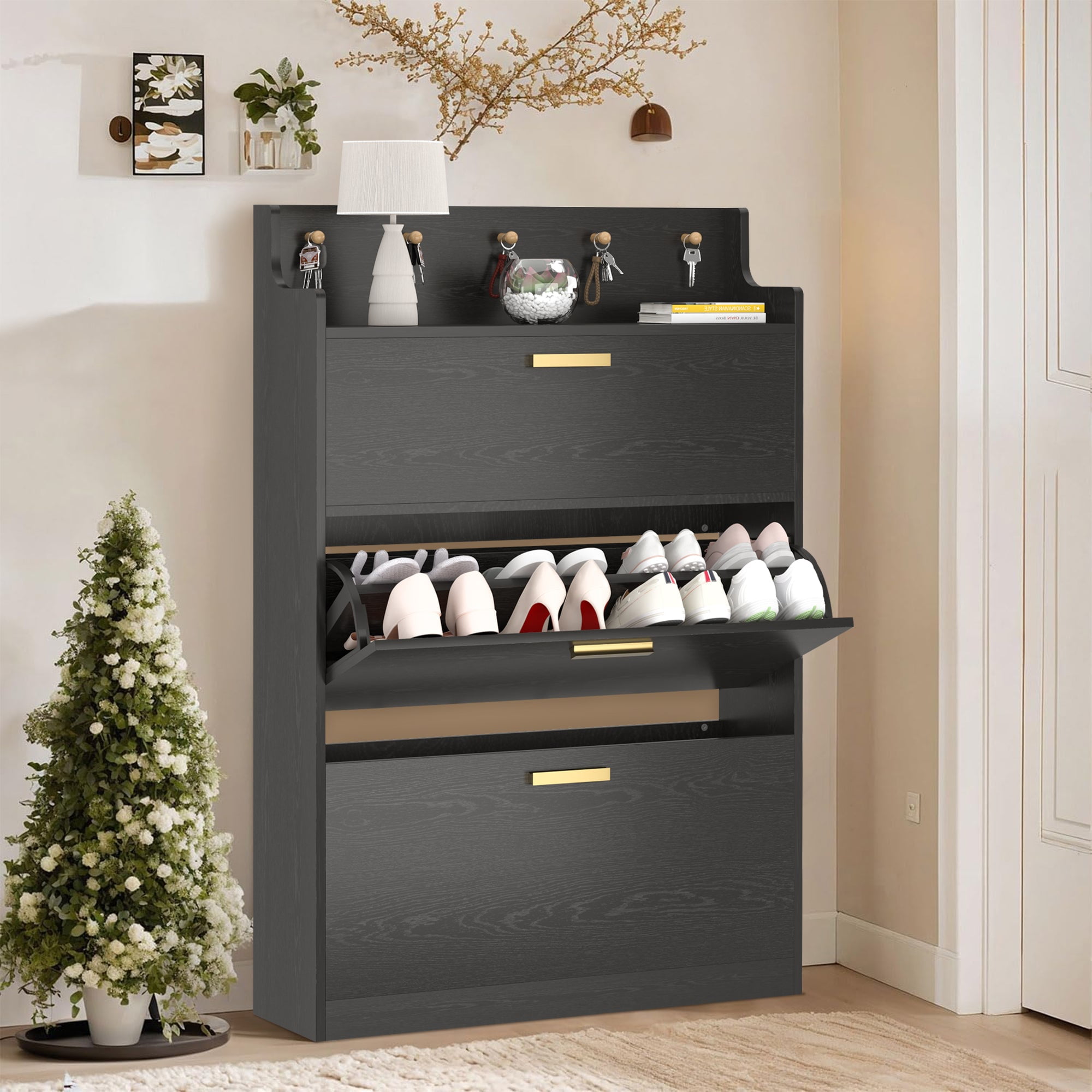 VECELO Shoe Cabinet with 3 Flip-Up Drawers, Freestanding Shoe Organizer ...