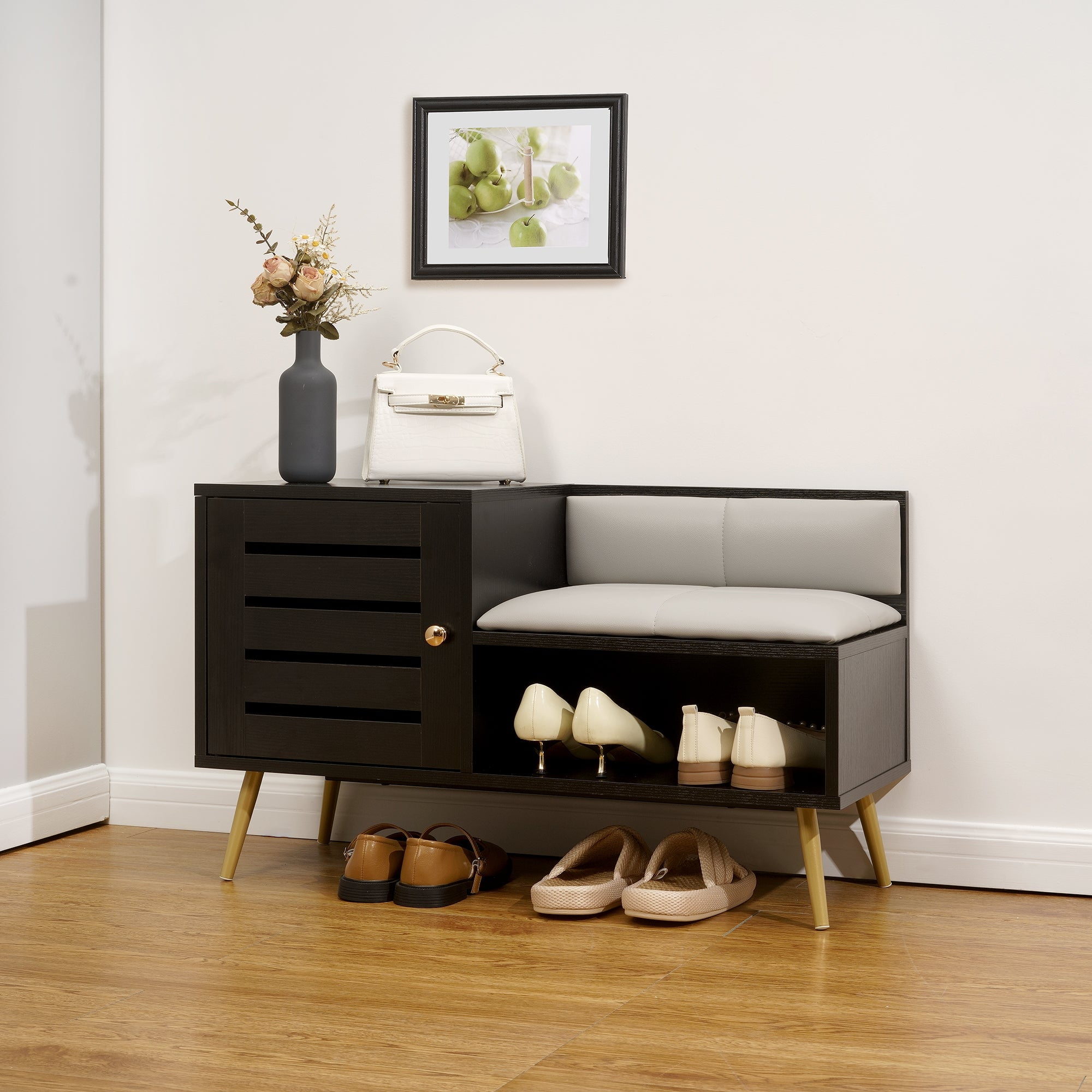 VECELO Shoe Storage Bench, Entryway Bench with Seat Cushion and Door ...