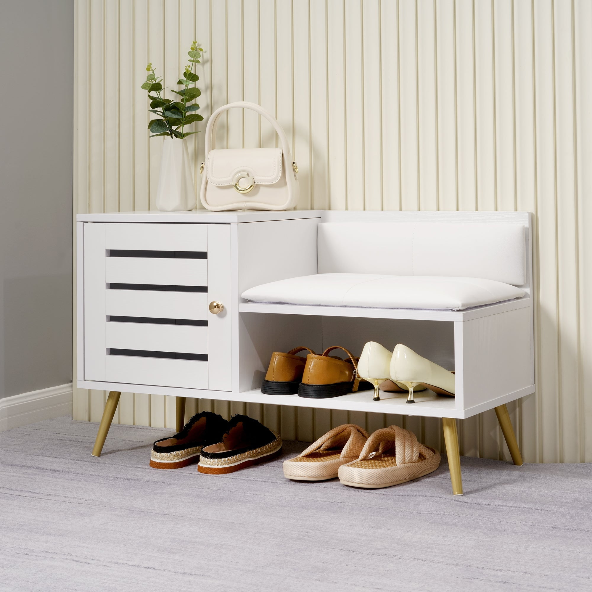 VECELO Shoe Storage Bench, Entryway Bench with Seat Cushion and Door ...