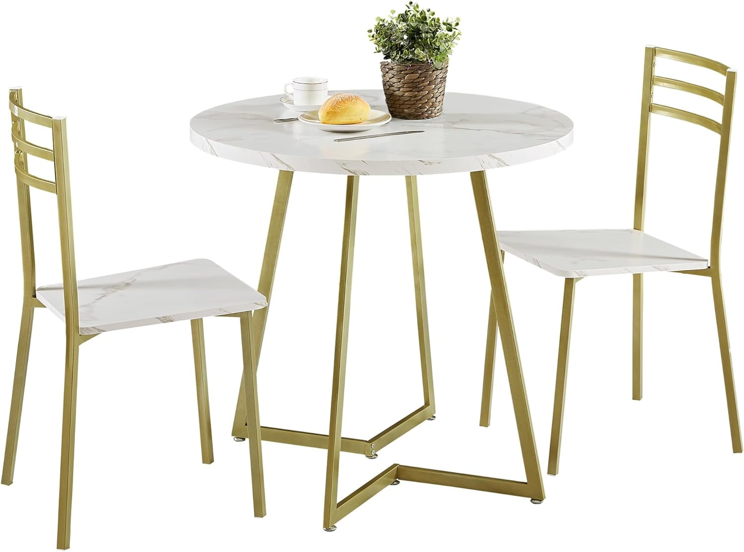 VECELO Small Round Dining Table Set for 2, Wood Marbled Tabletop with ...