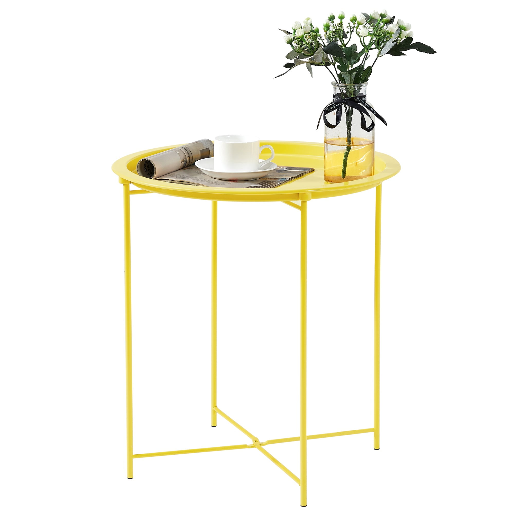 VECELO Small Round Side End Table, Folding Metal Coffee Table with ...