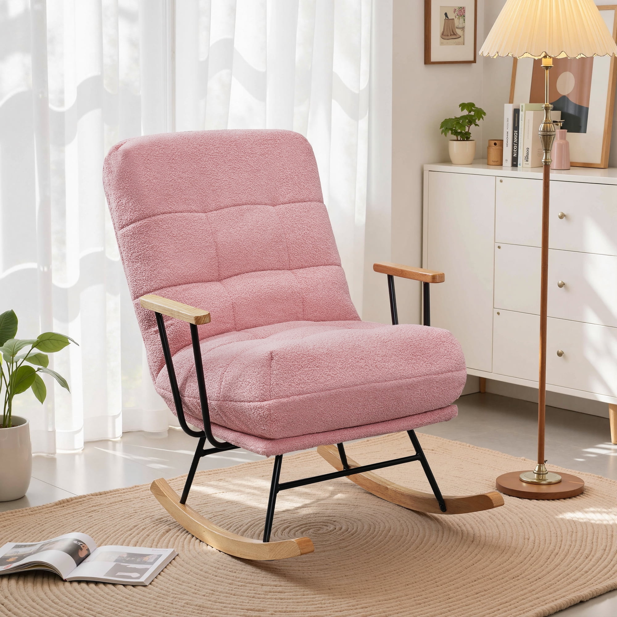 VECELO Teddy Fabric Rocking Chair, Adjustable Back Angle Upholstered ...