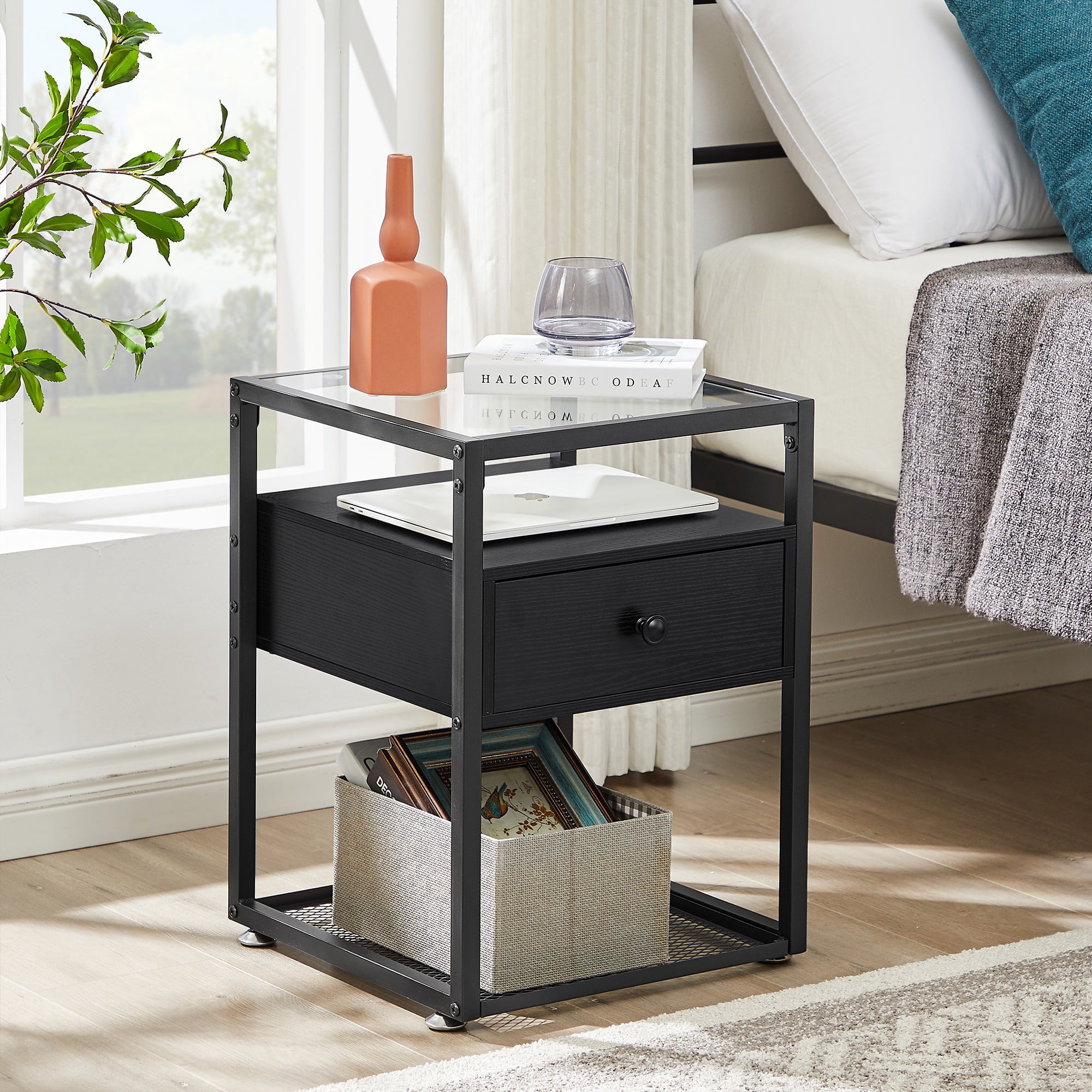 VECELO Tempered Glass Nightstand with Drawer, Glass Top End Table for ...
