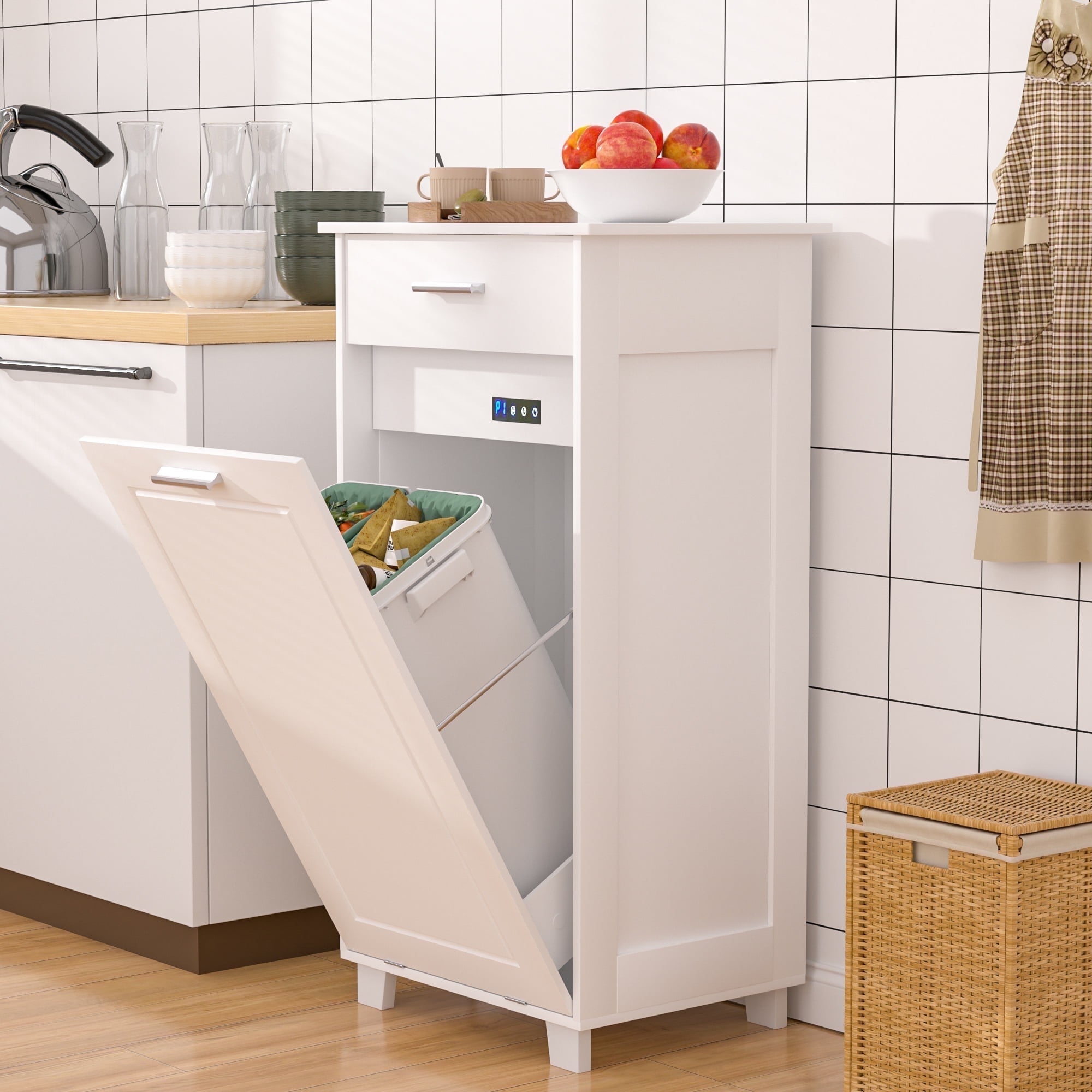 VECELO Tilt Out Trash Can Cabinet with Drawer, Kitchen Hidden Garbage ...